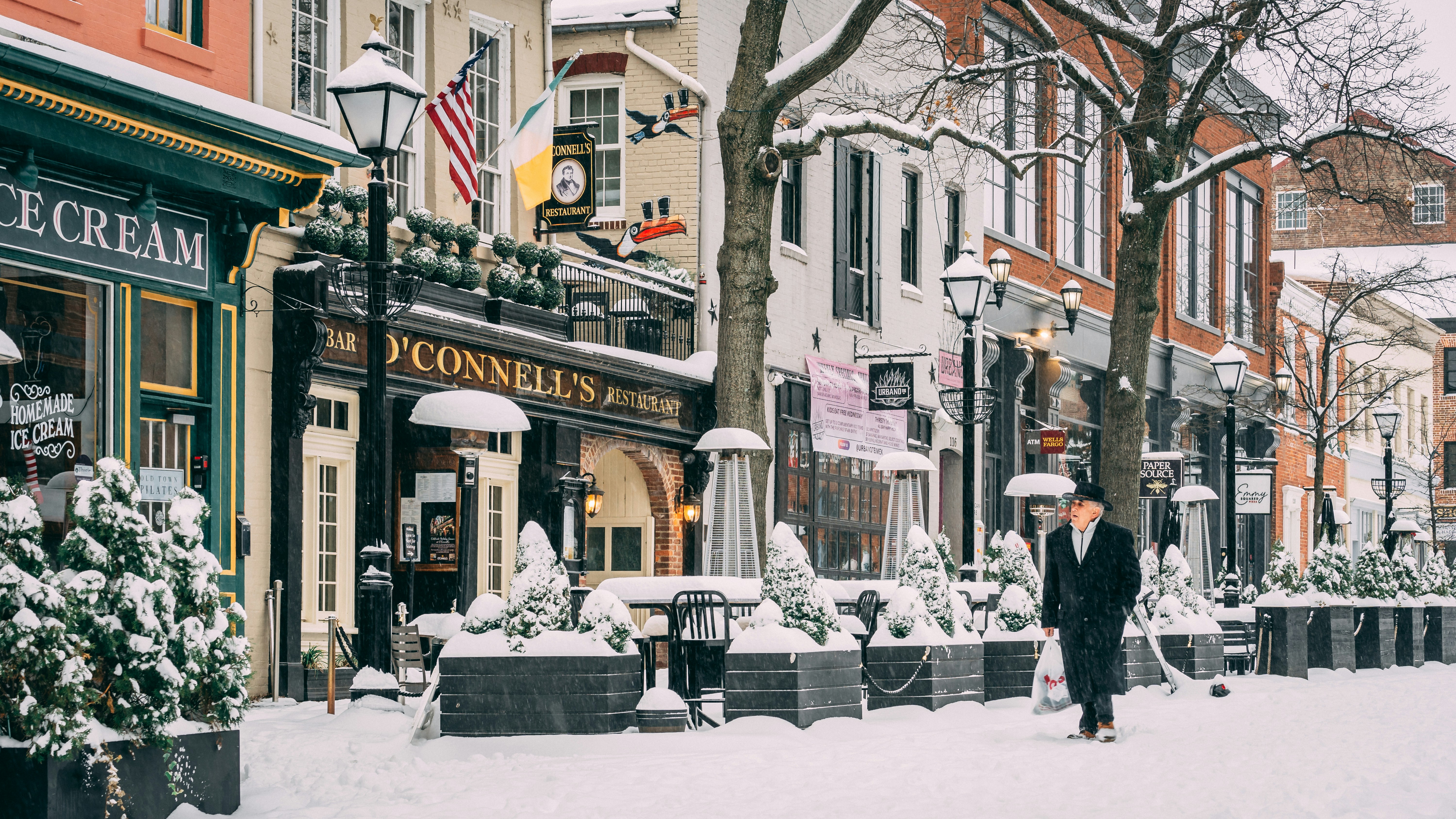 Person walking along a snow-laden historic street lined with quaint shops and leafless trees.
