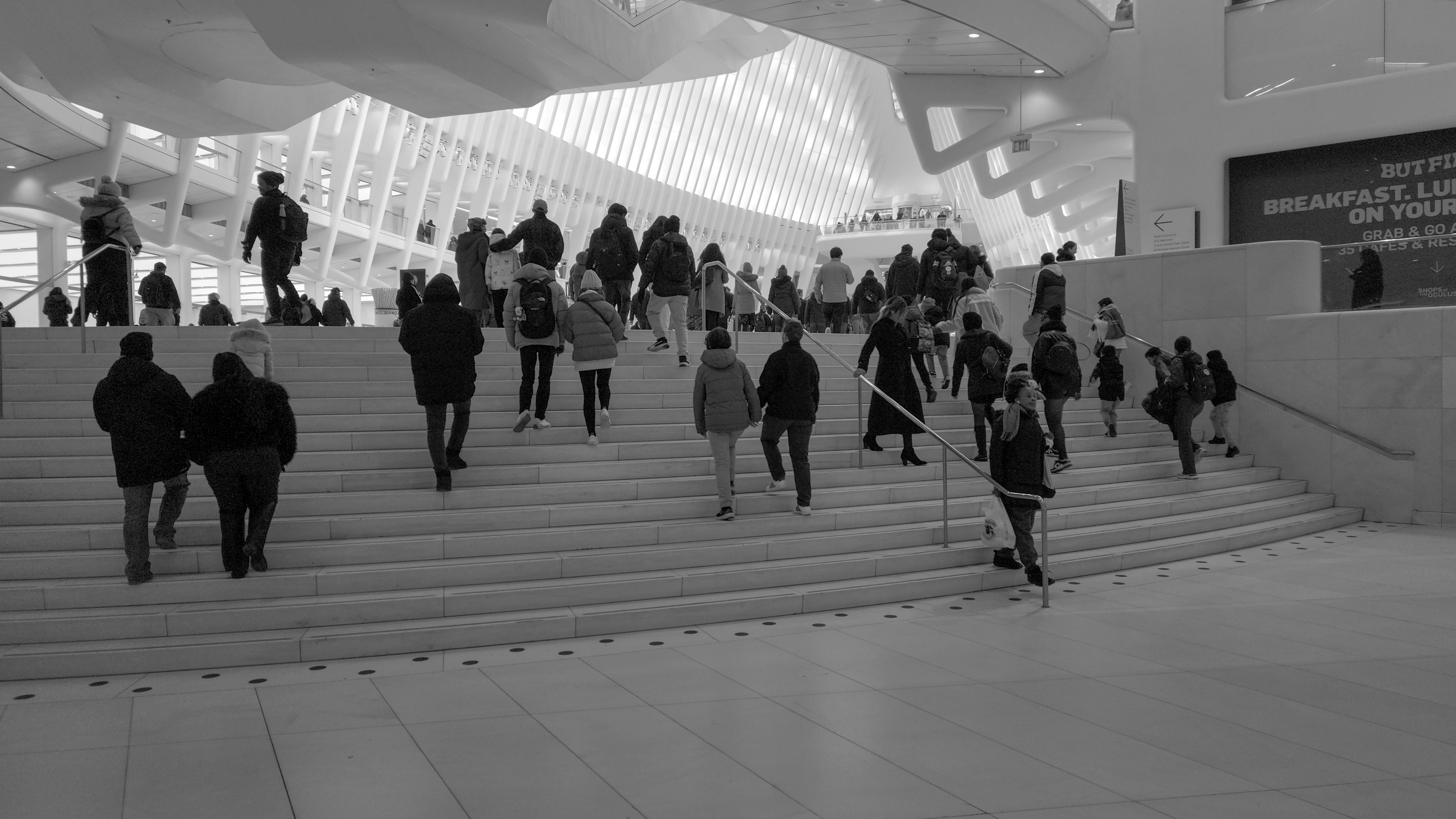Crowd moving up sleek white steps in a modern building with curved lines and natural light creating shadows.