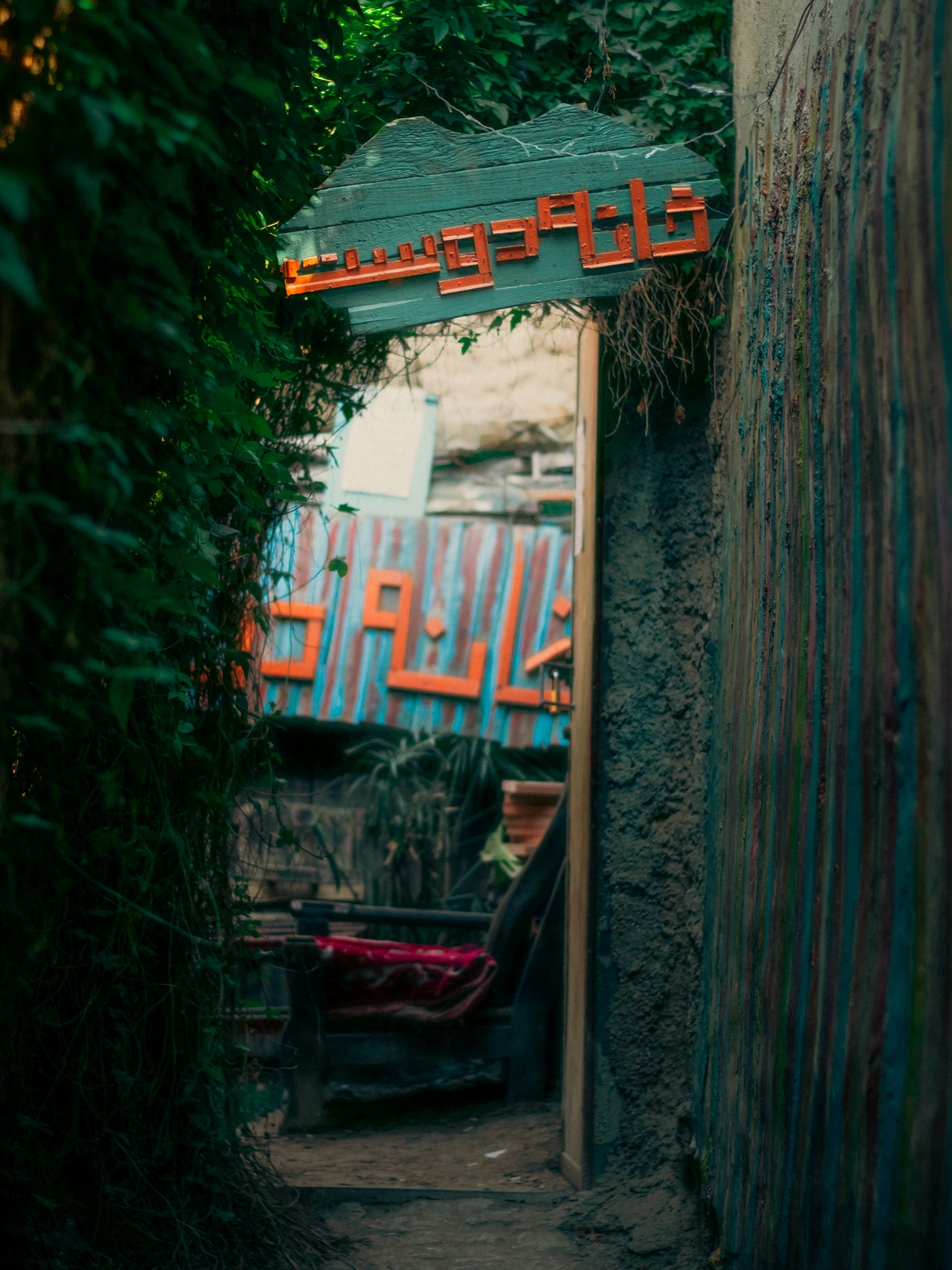 Sign of Entry: Ivy-Framed Alley Leading to a Striped Mural