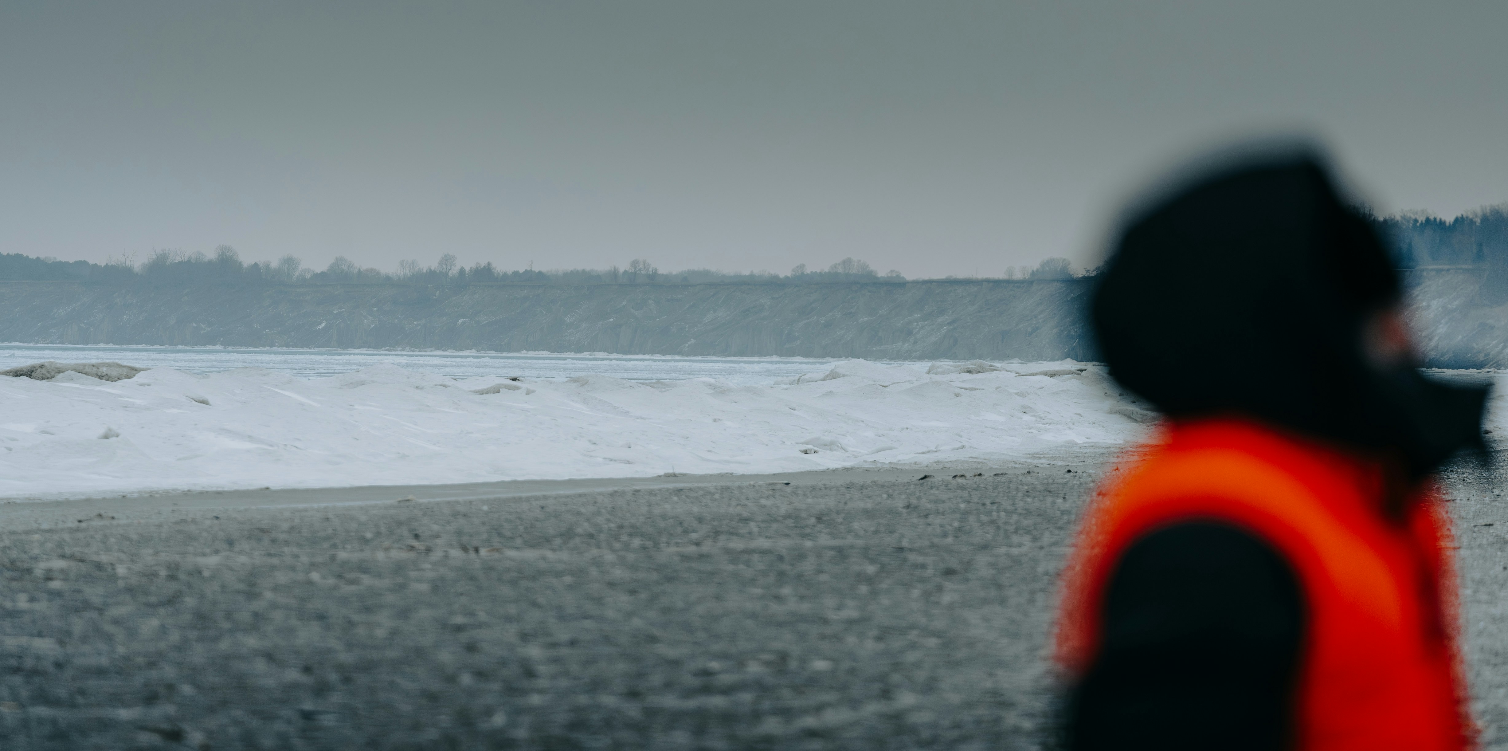 Figure in bright orange contrasts against a vast, icy shoreline with a distant treeline under a gray sky.