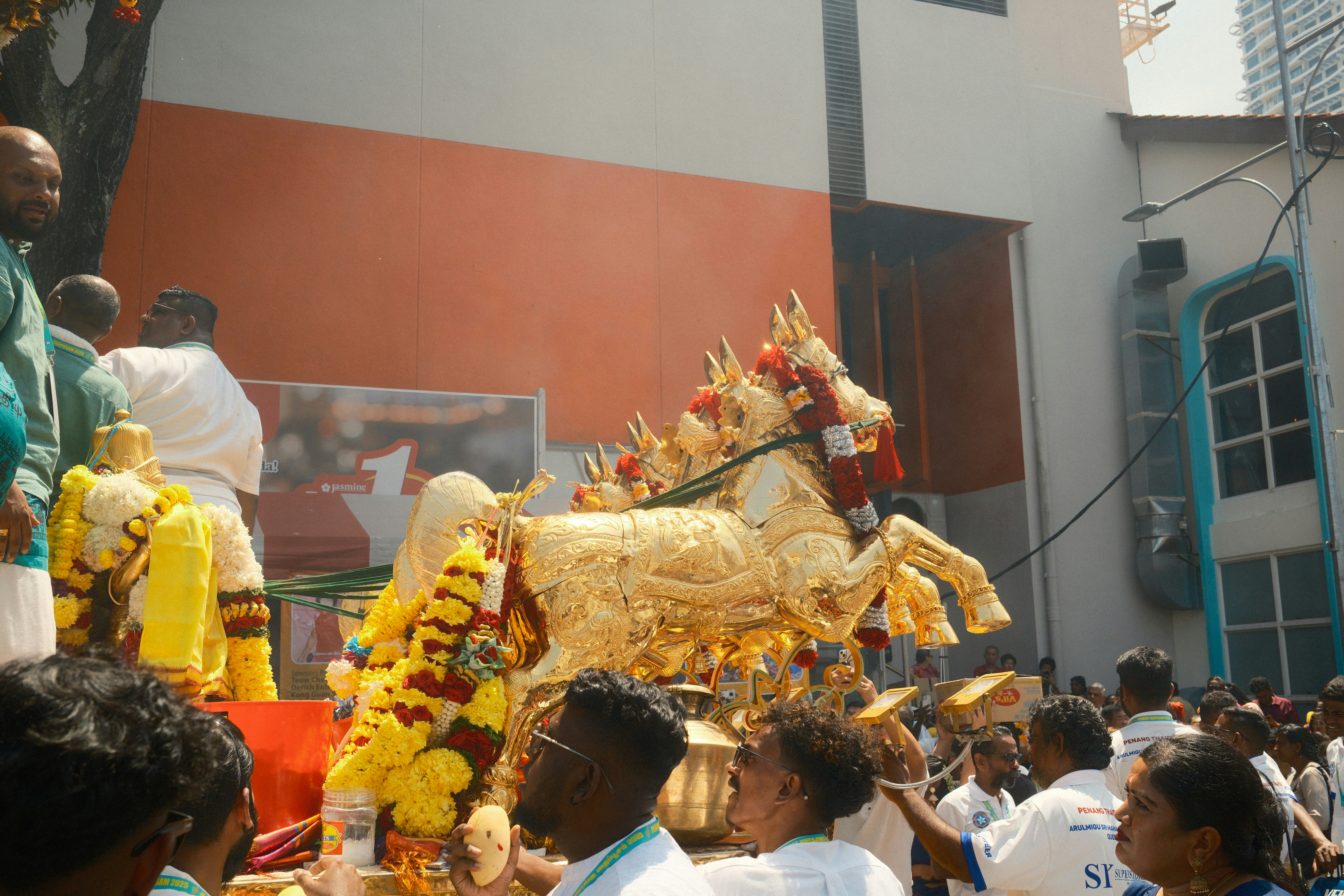 Gilded Steed Parade: Floral Clamor Through a White-Clad Street