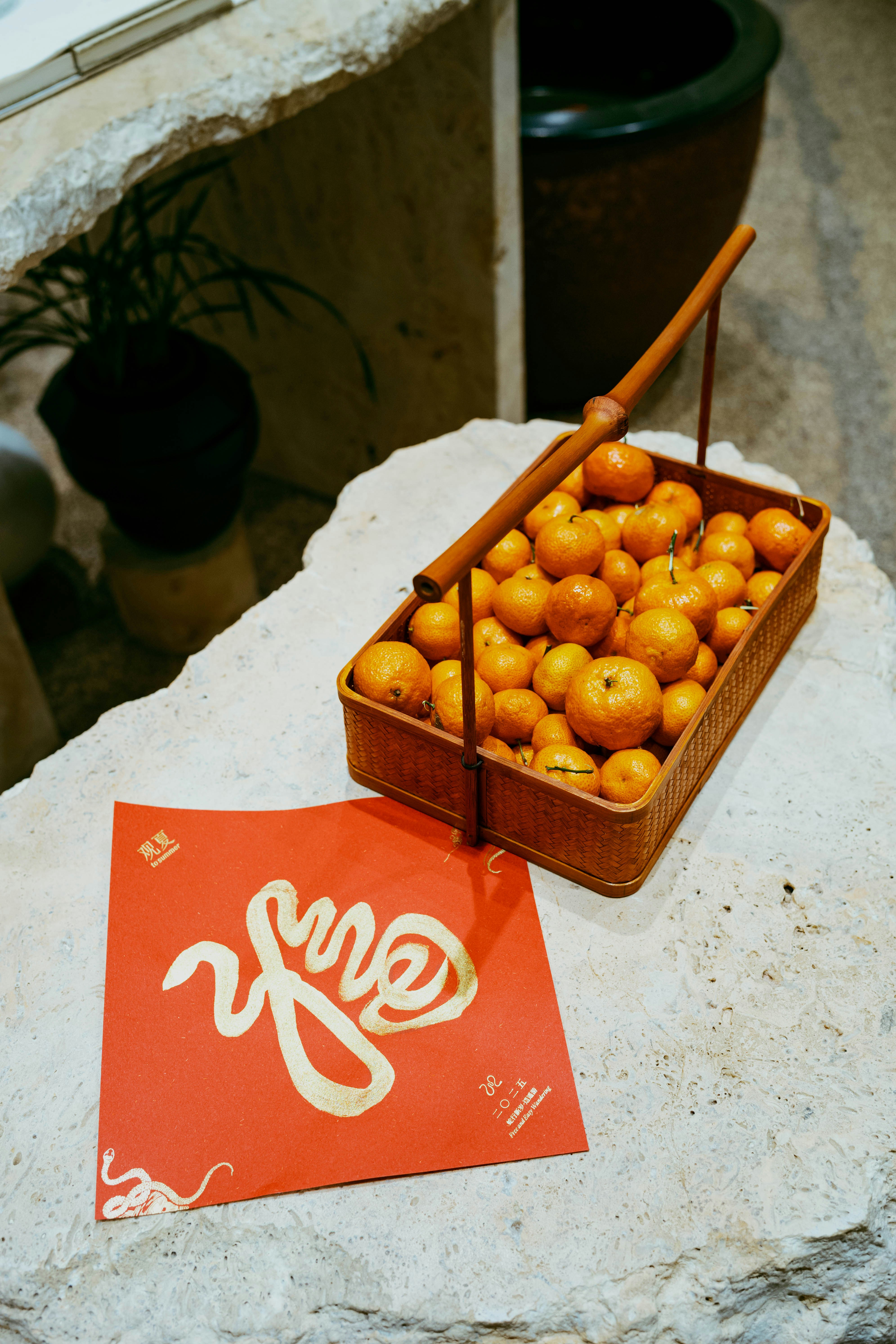 Sunlit Citrus on Worn Limestone: A Basket in a Quiet Courtyard