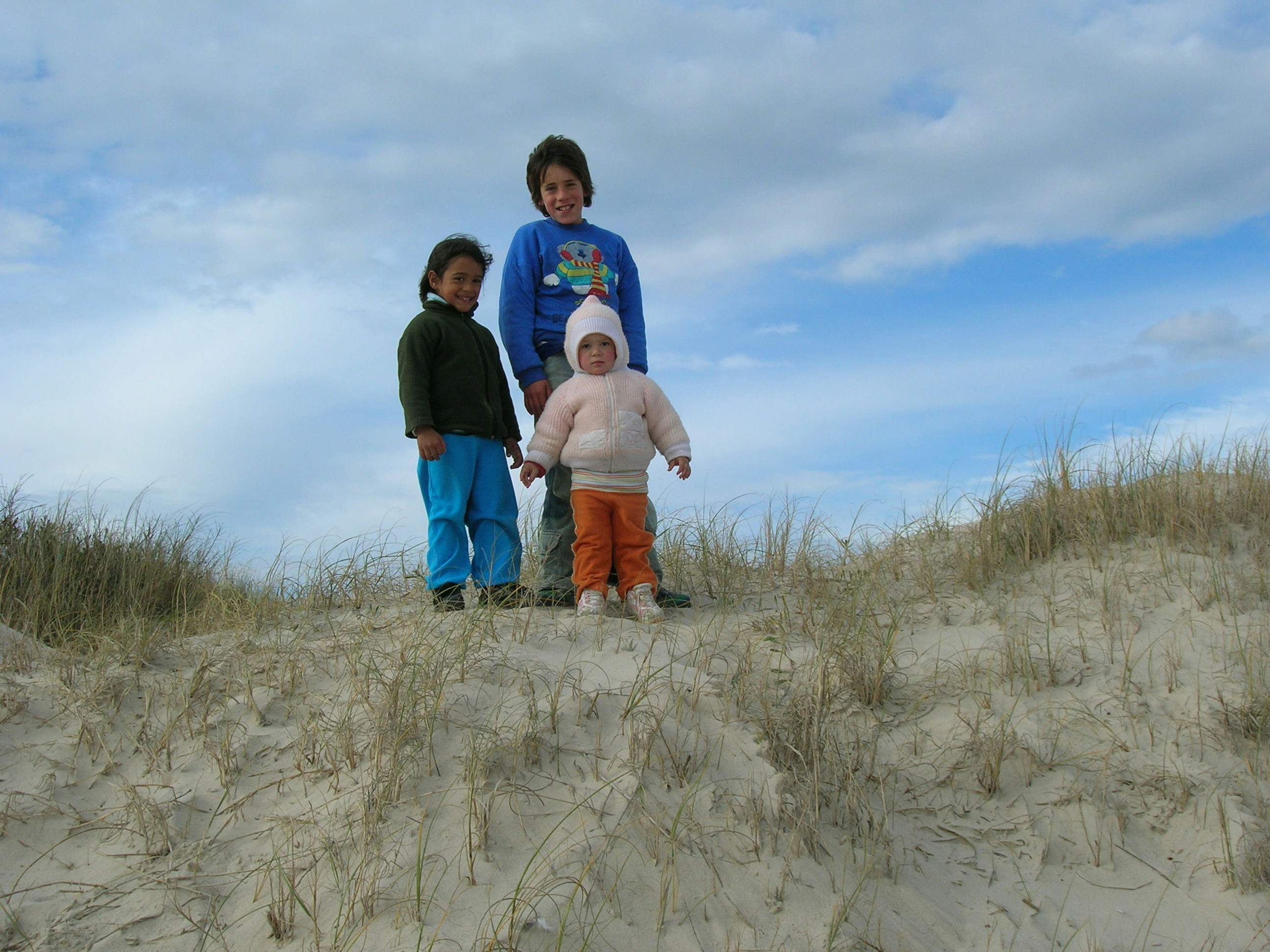 Three children standing on a grassy sand dune under a partly cloudy sky.