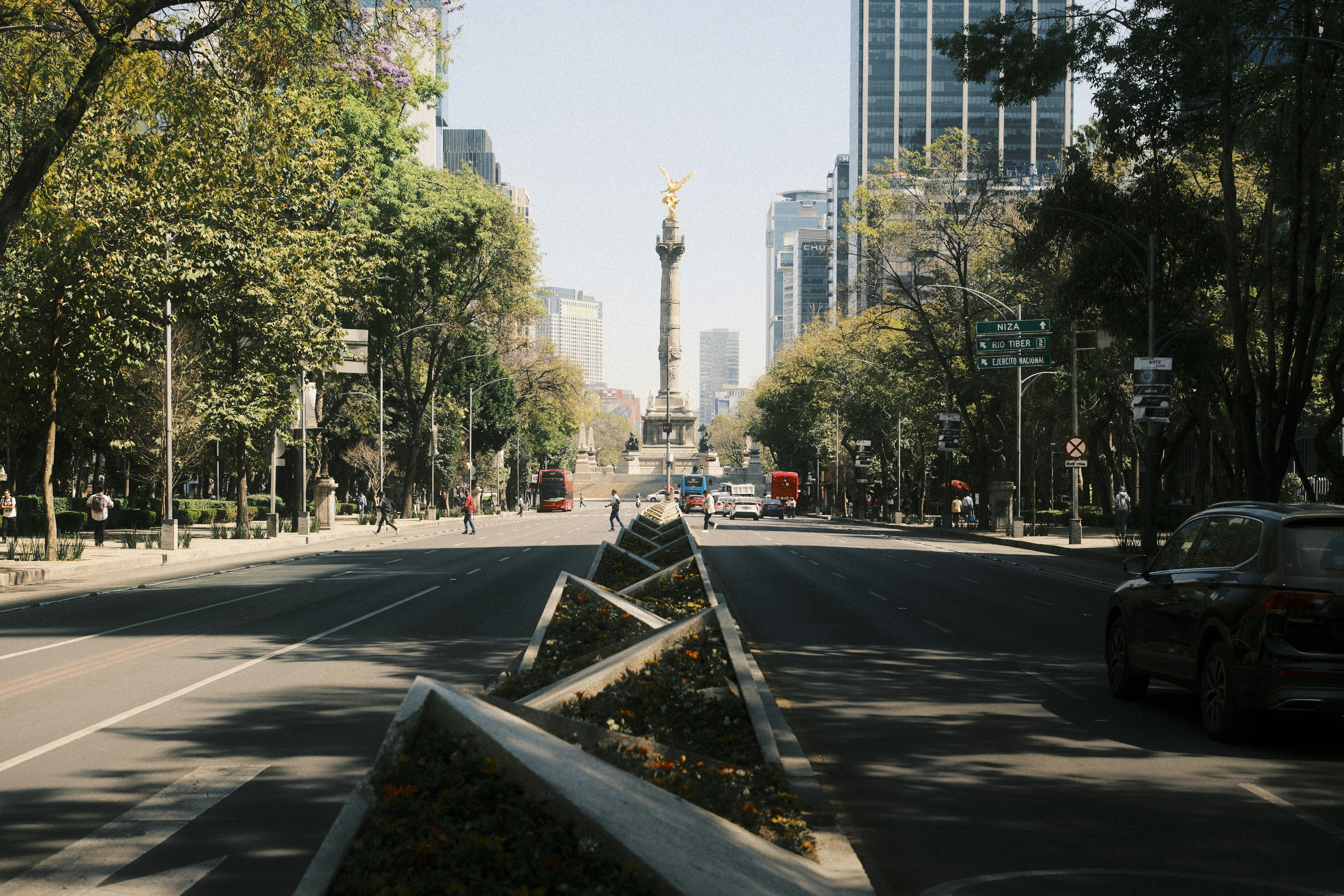 Angel of Independence monument framed by trees and skyscrapers along a quiet boulevard.