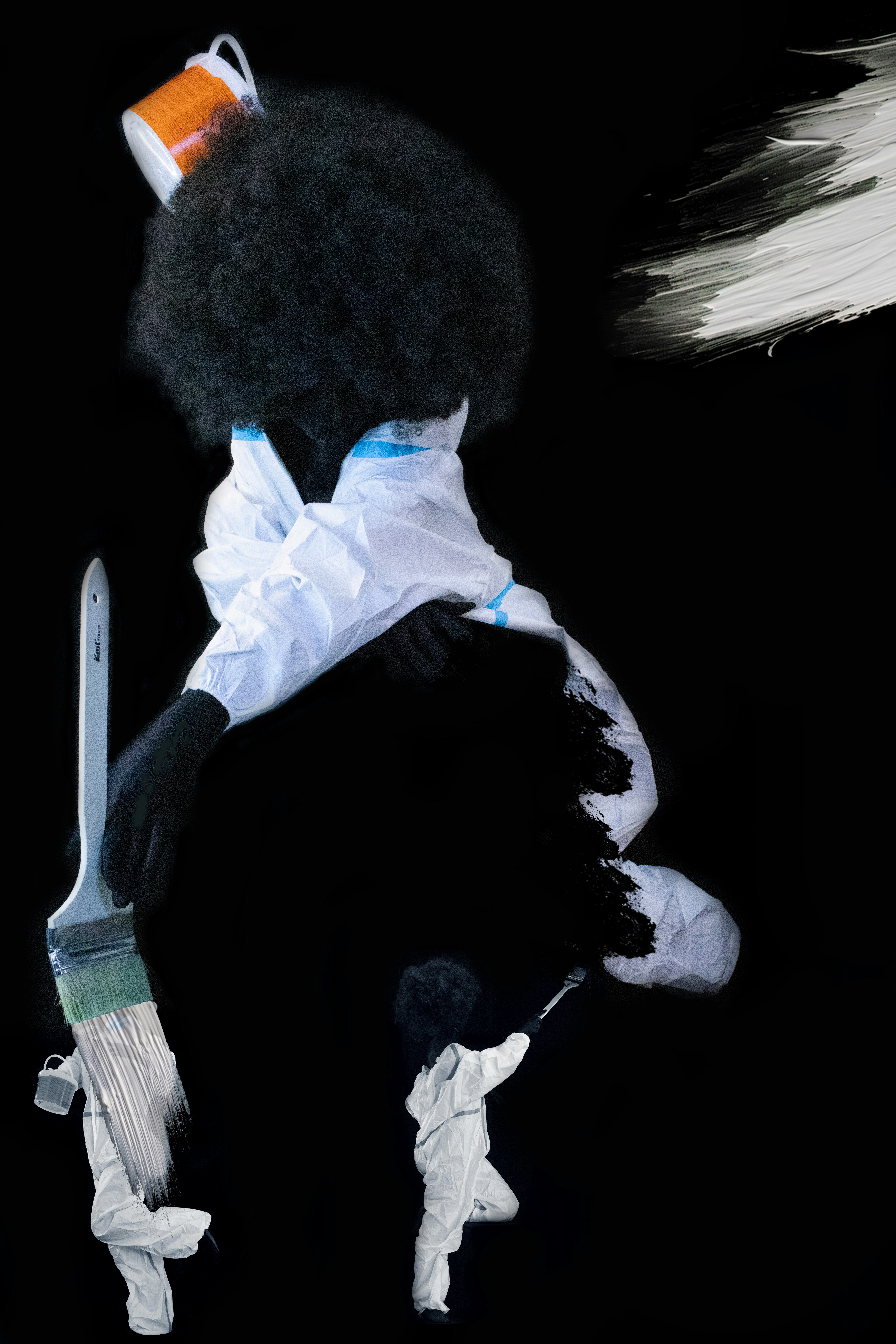 Aerosol Ballet: Dark Silhouette in White Coveralls Amid Splashes of Color