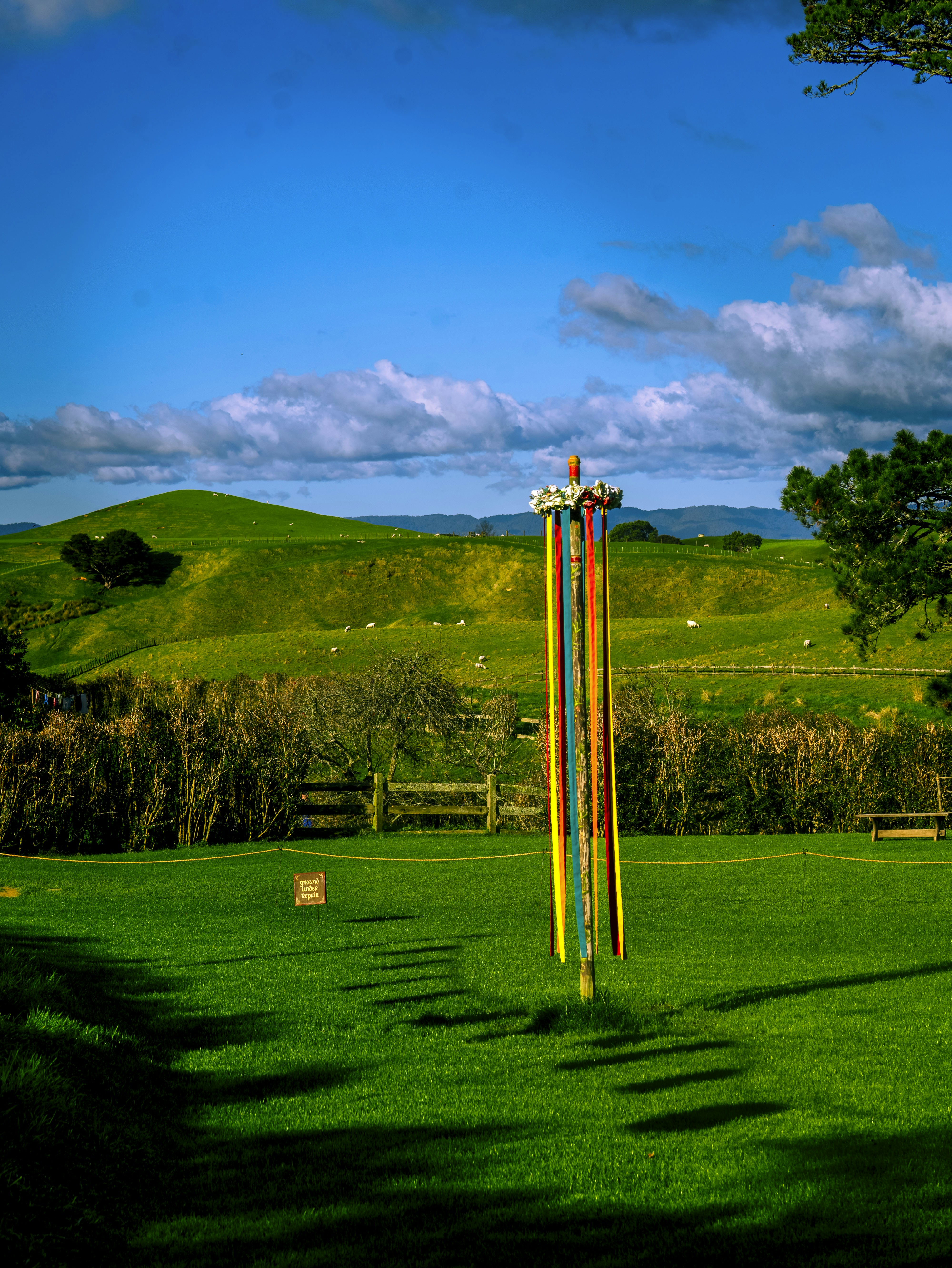 Ribbon Totem in a Sunlit Meadow Under a Clear Blue Sky