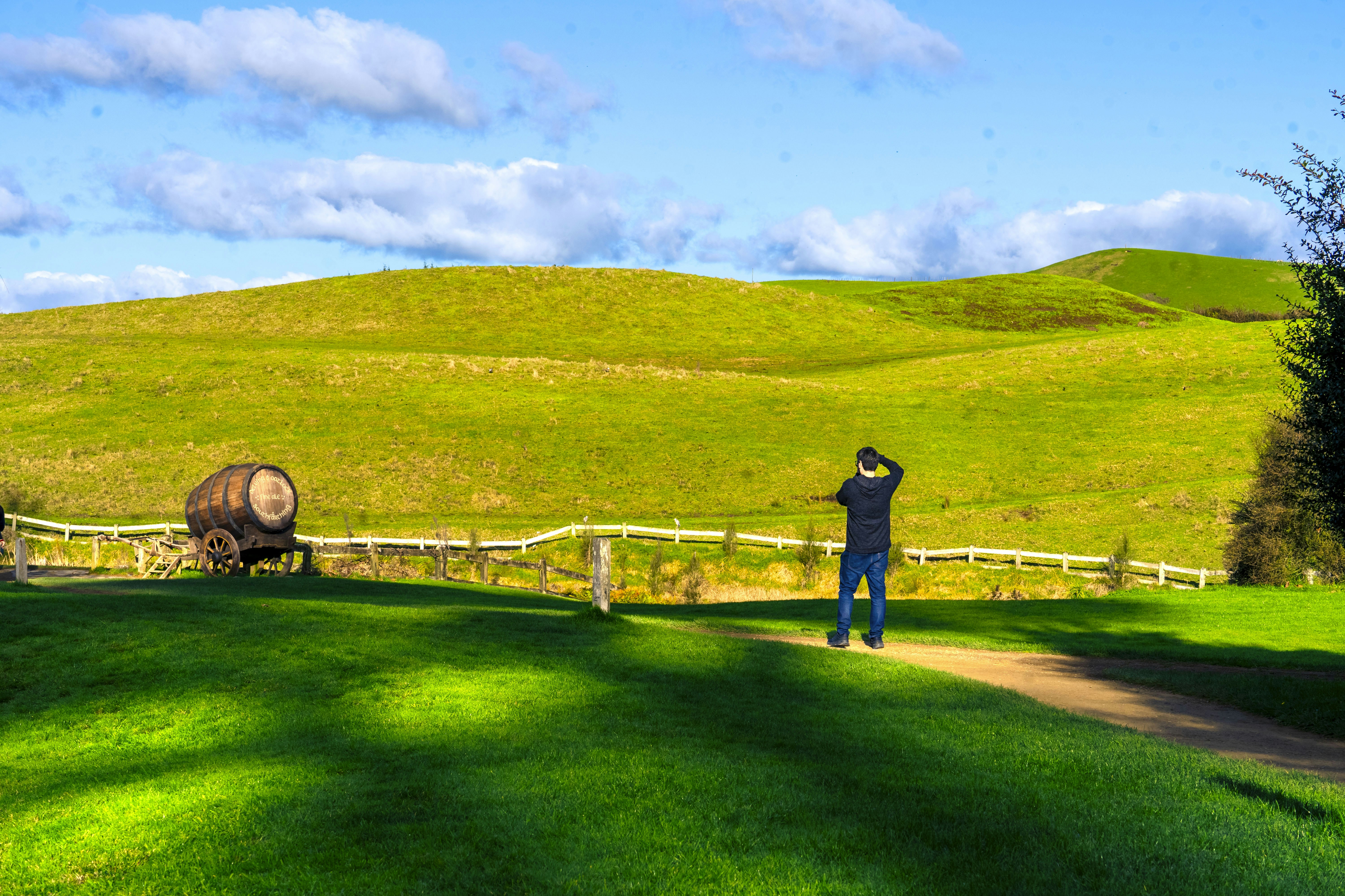 Person gazing at rolling green hills under a bright blue sky with scattered clouds.