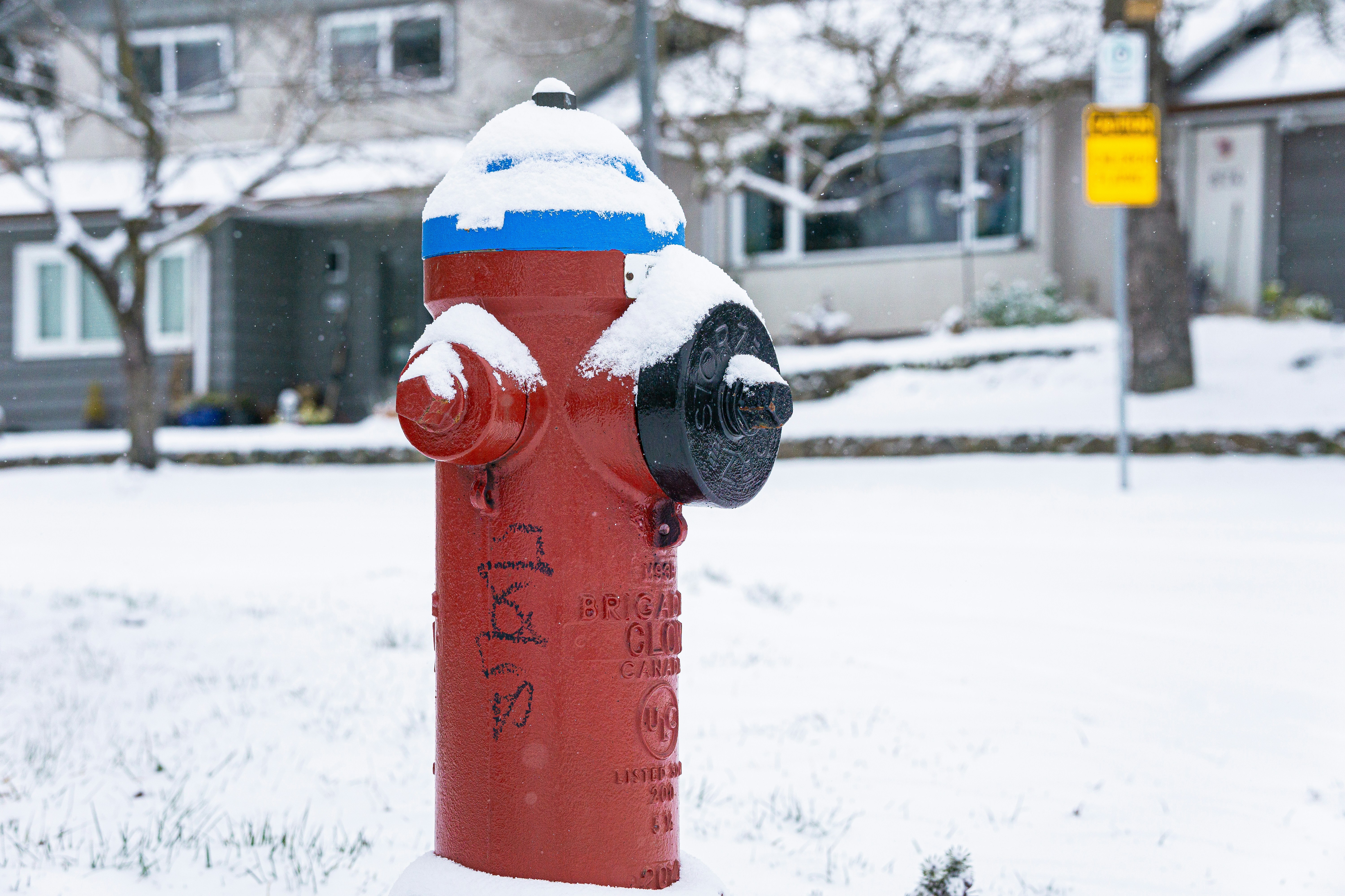 A red fire hydrant covered in snow in front of a house photo – Free ...