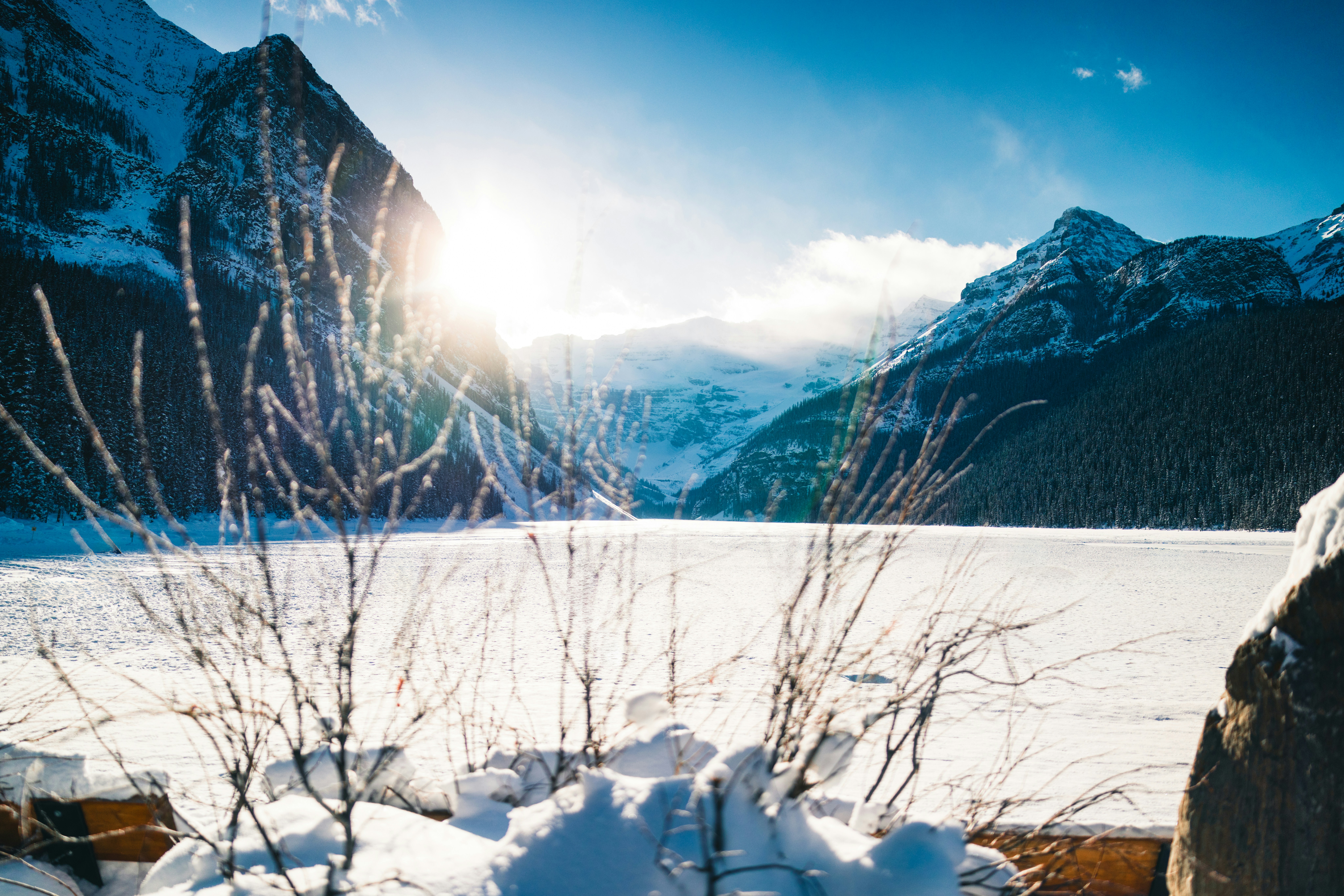 Sunrise over snow-covered mountains and a frozen lake, with foreground branches adding depth.