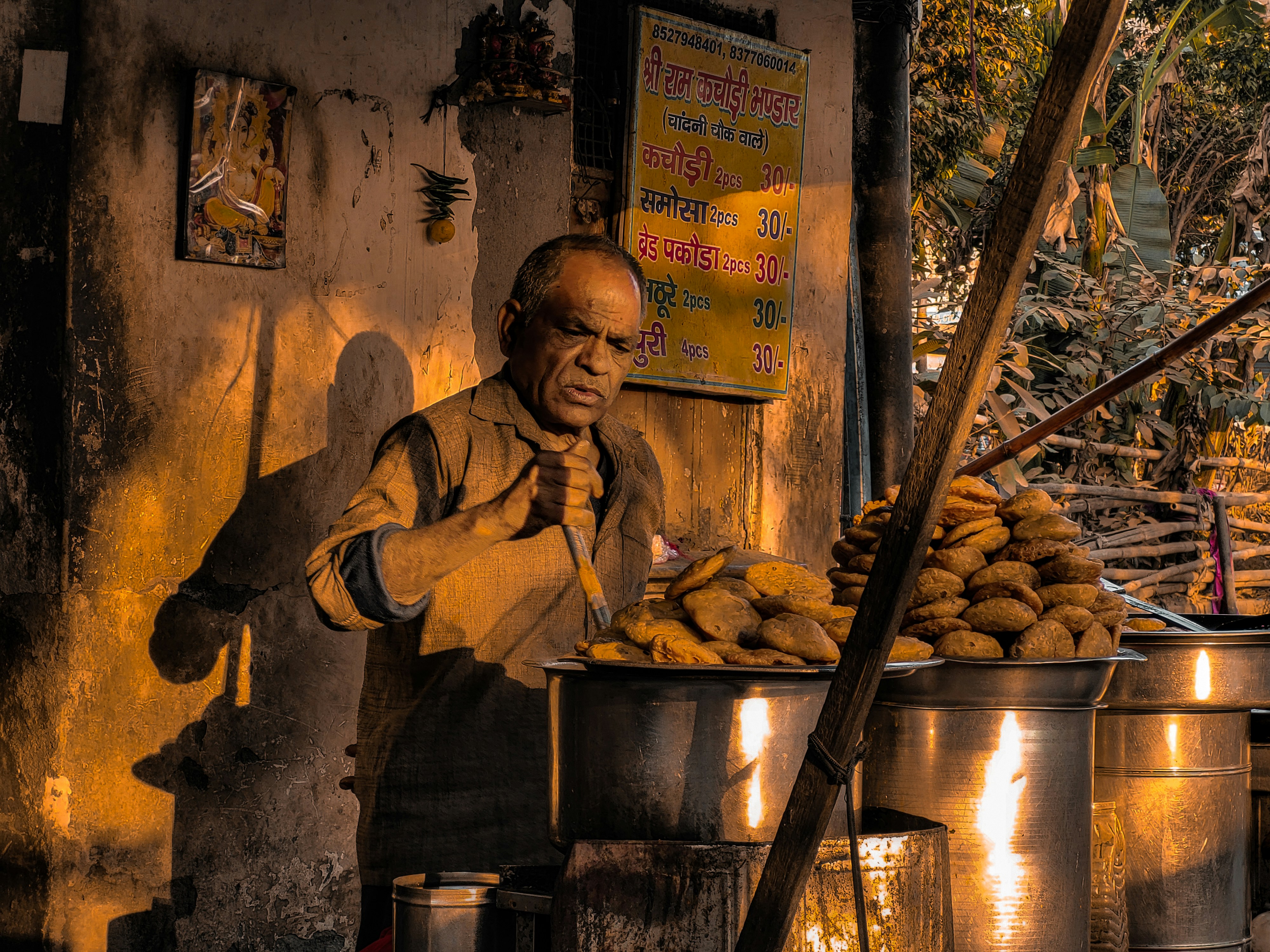 Golden Sunset Vendor: A Street Snack Stall Bathed in Warm Light