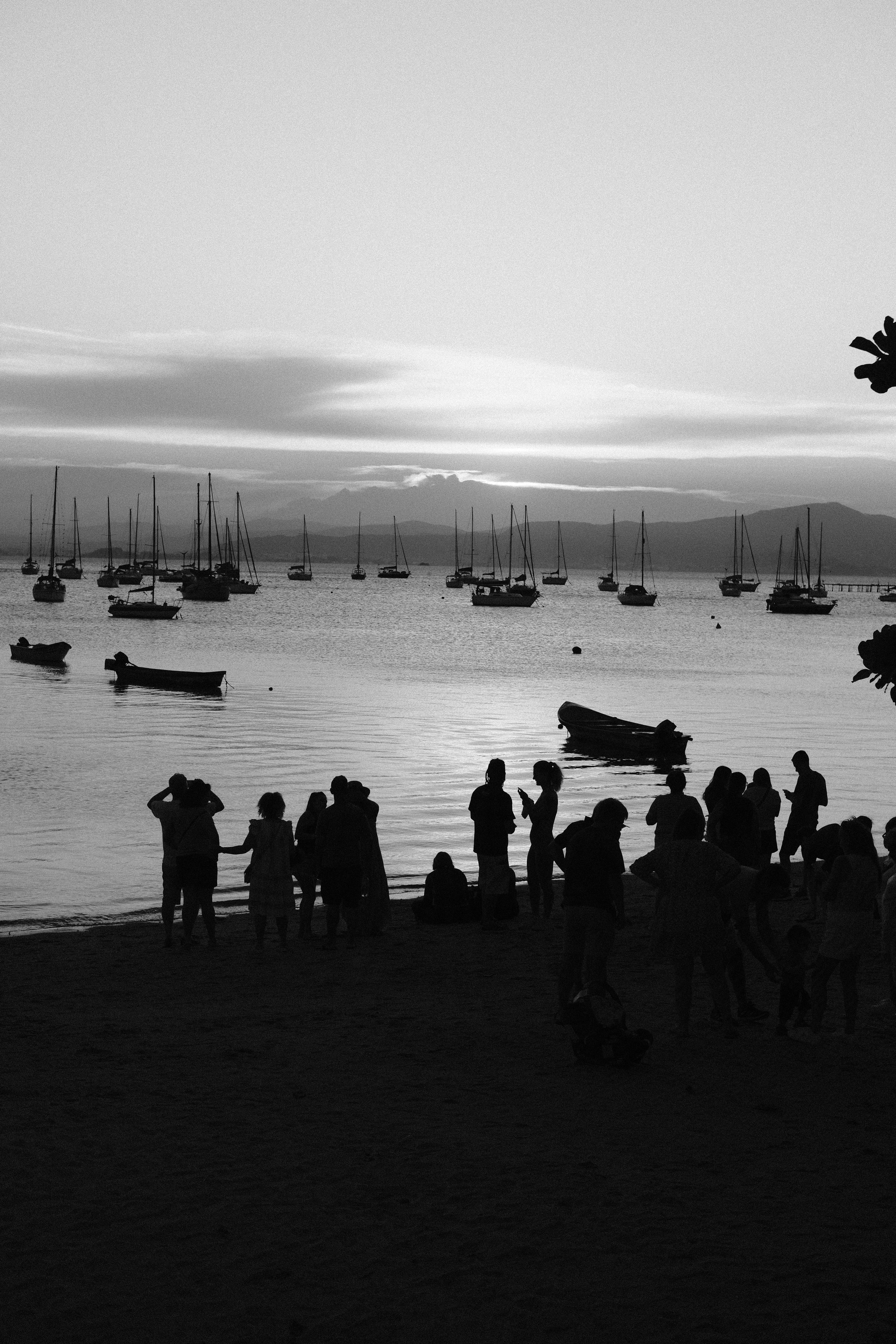 Silhouette Gathering at Dusk by the Harbor