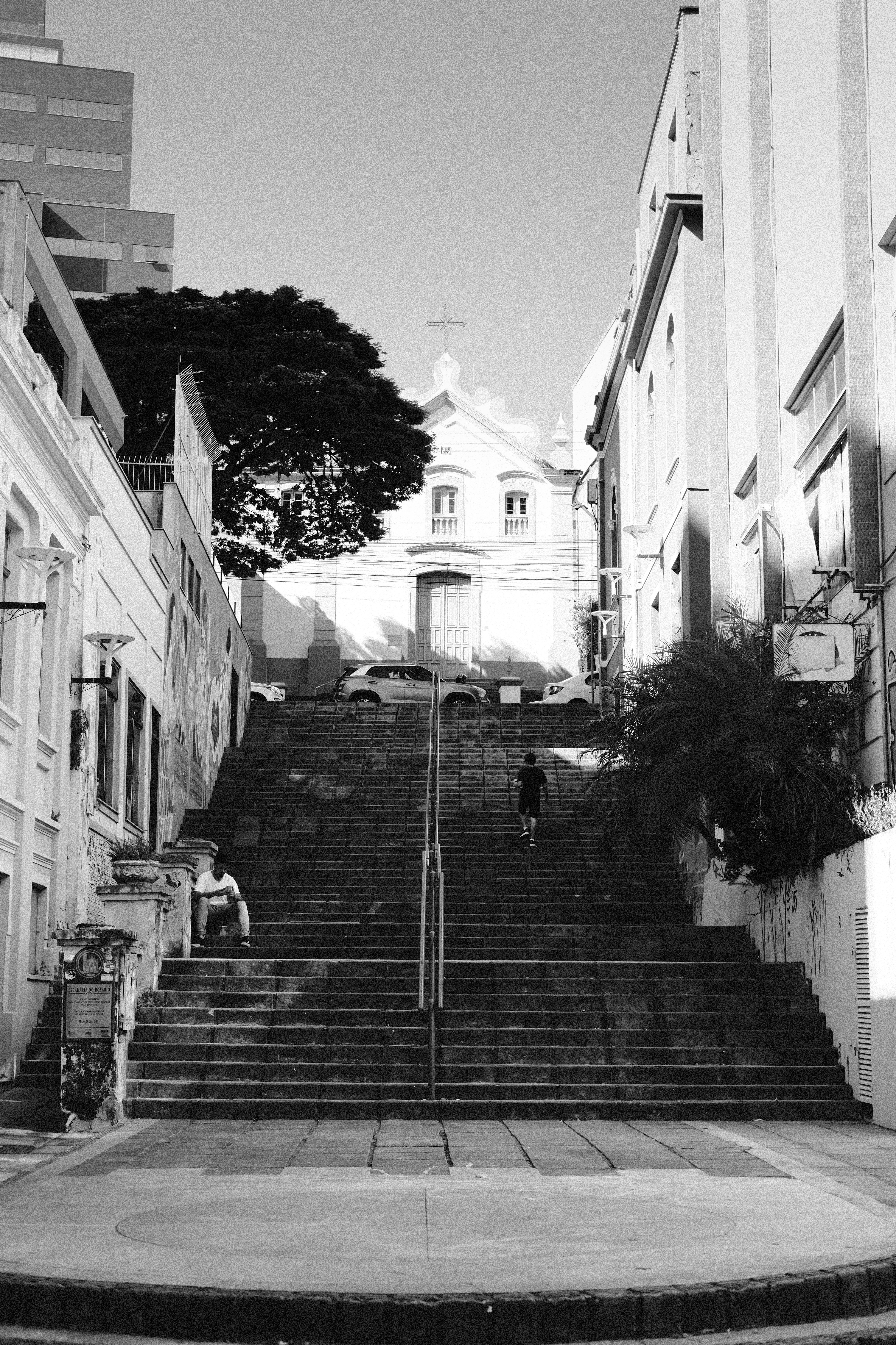 A black and white photo of a set of stairs