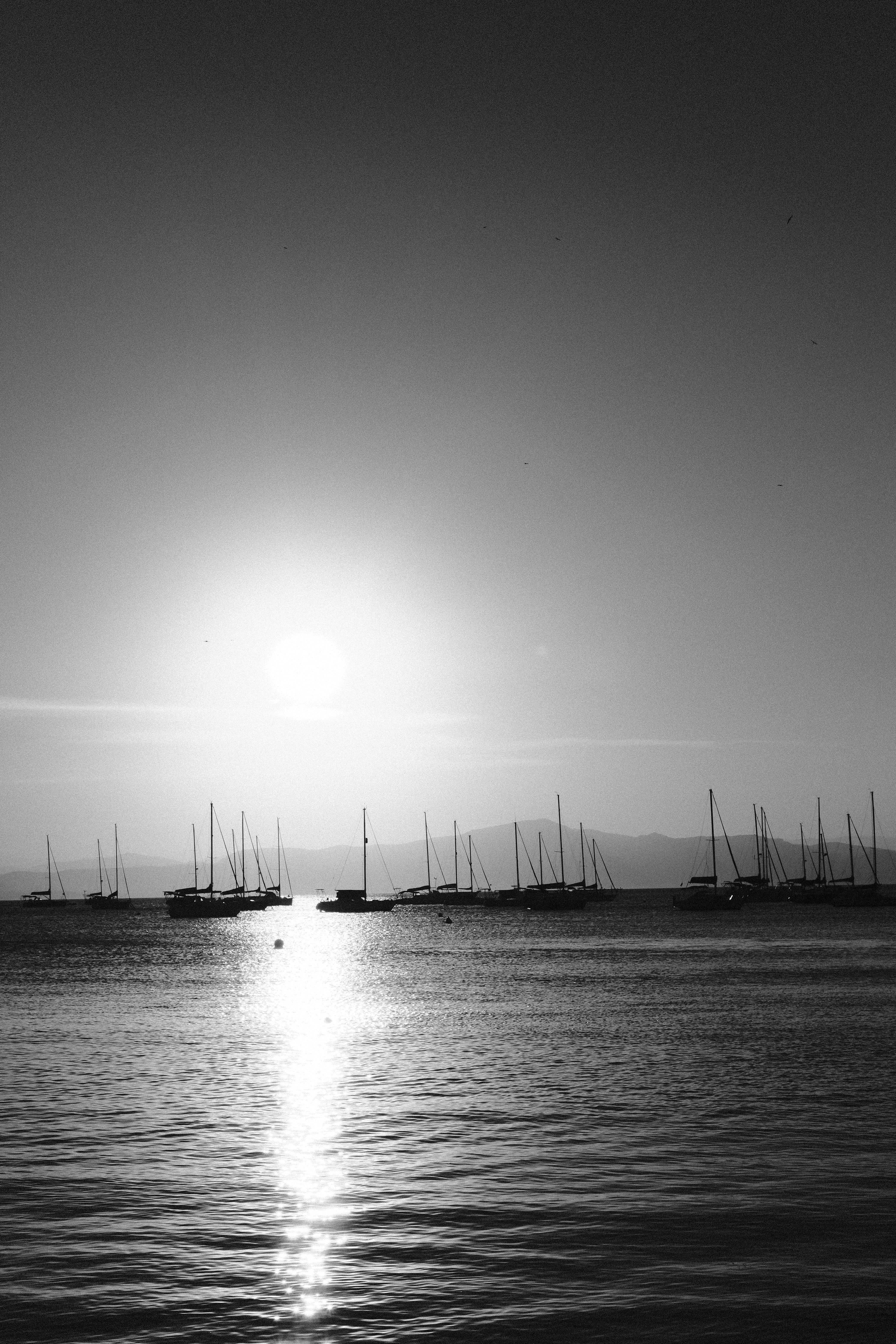 Dusk Over a Silver Sea: A Fleet of Sails Along the Quiet Horizon