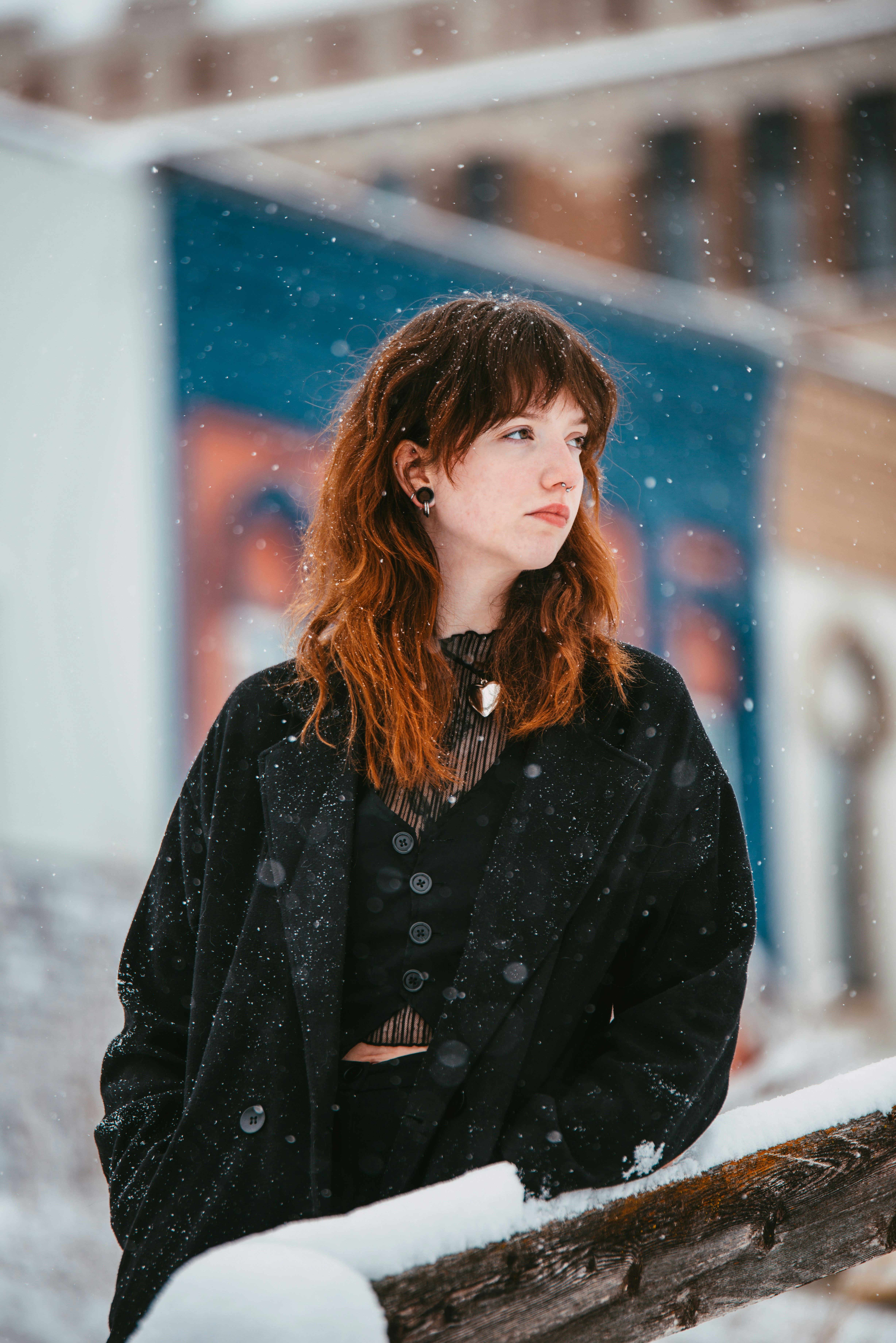 Winter Quiet: Portrait of a Redhead on a Snow-Dusted Rail