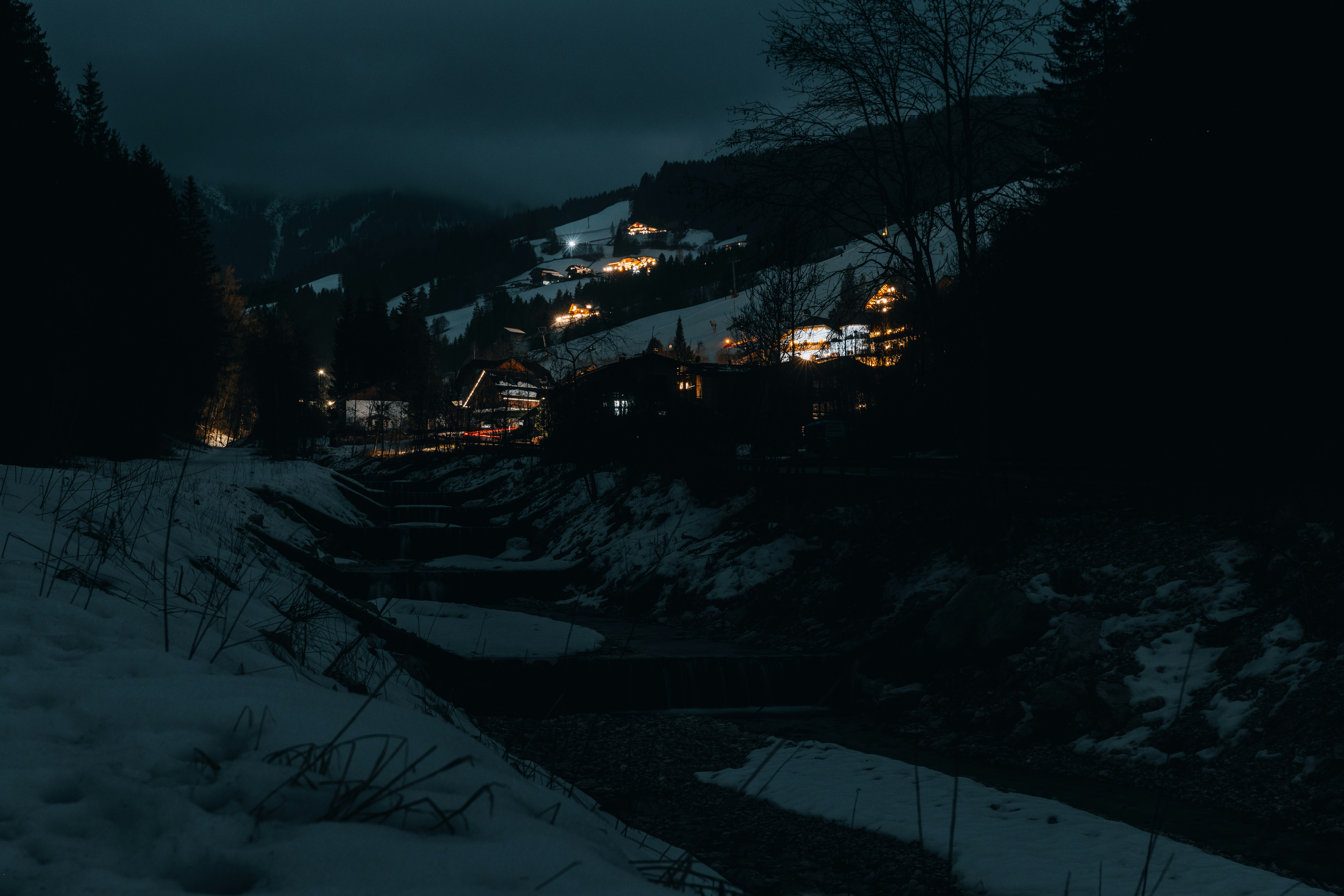 A night time view of a snow covered road photo – Free Olang Image on ...