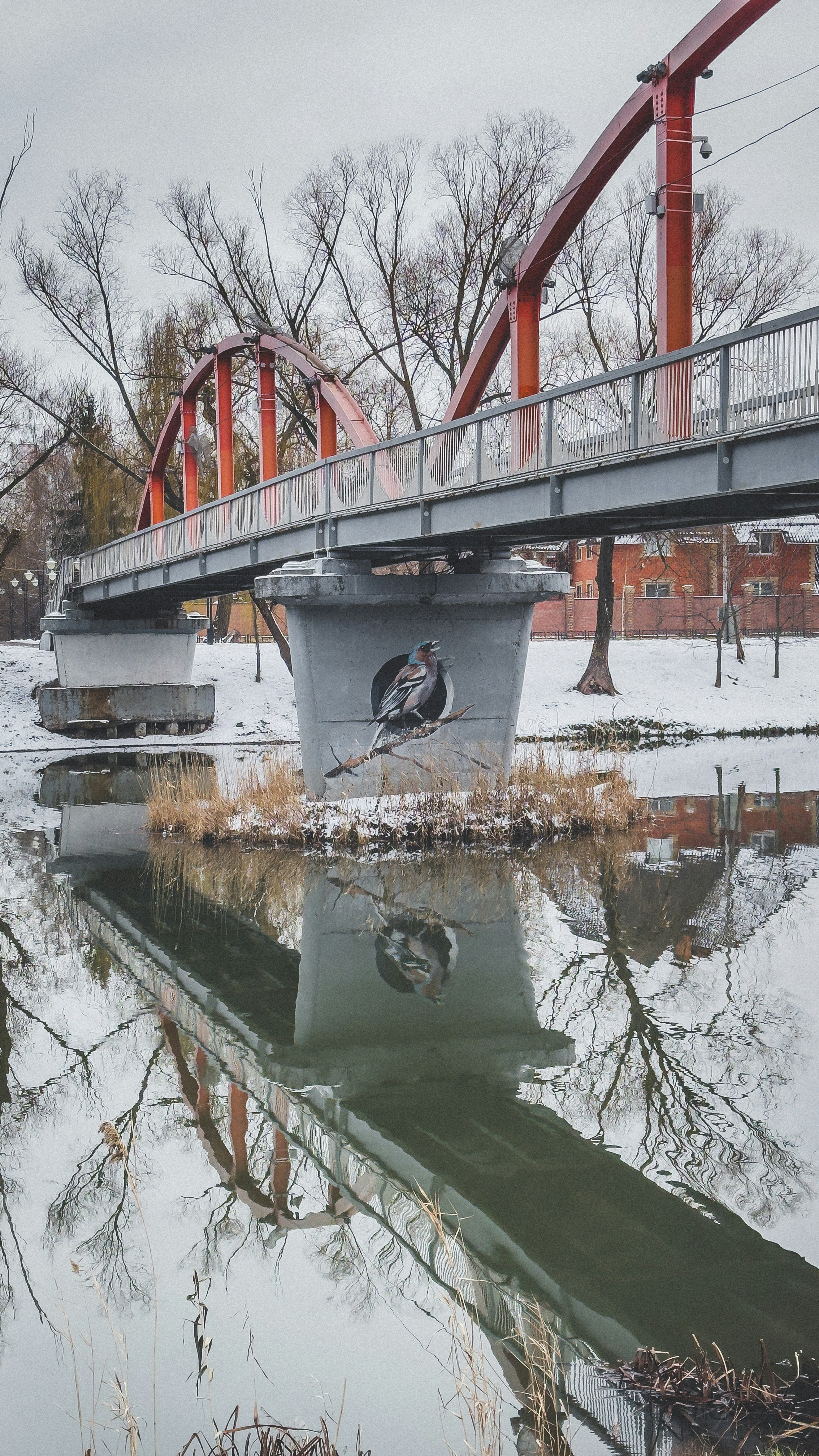 Red-Arched Winter Bridge: A Bird Perches on a Pillar Above Icy Reflections