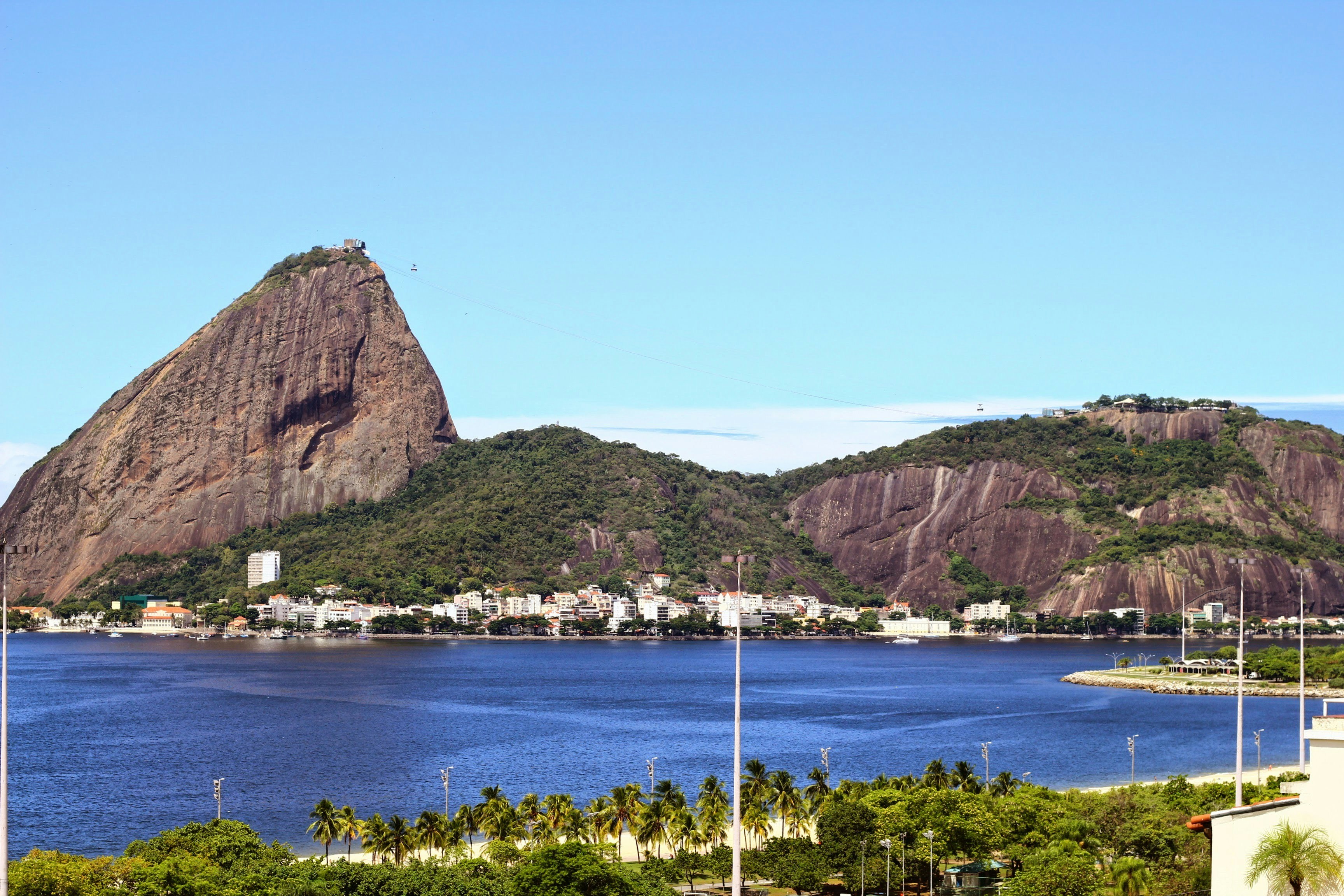 Sugarloaf Mountain rises above Guanabara Bay with a clear blue sky backdrop.