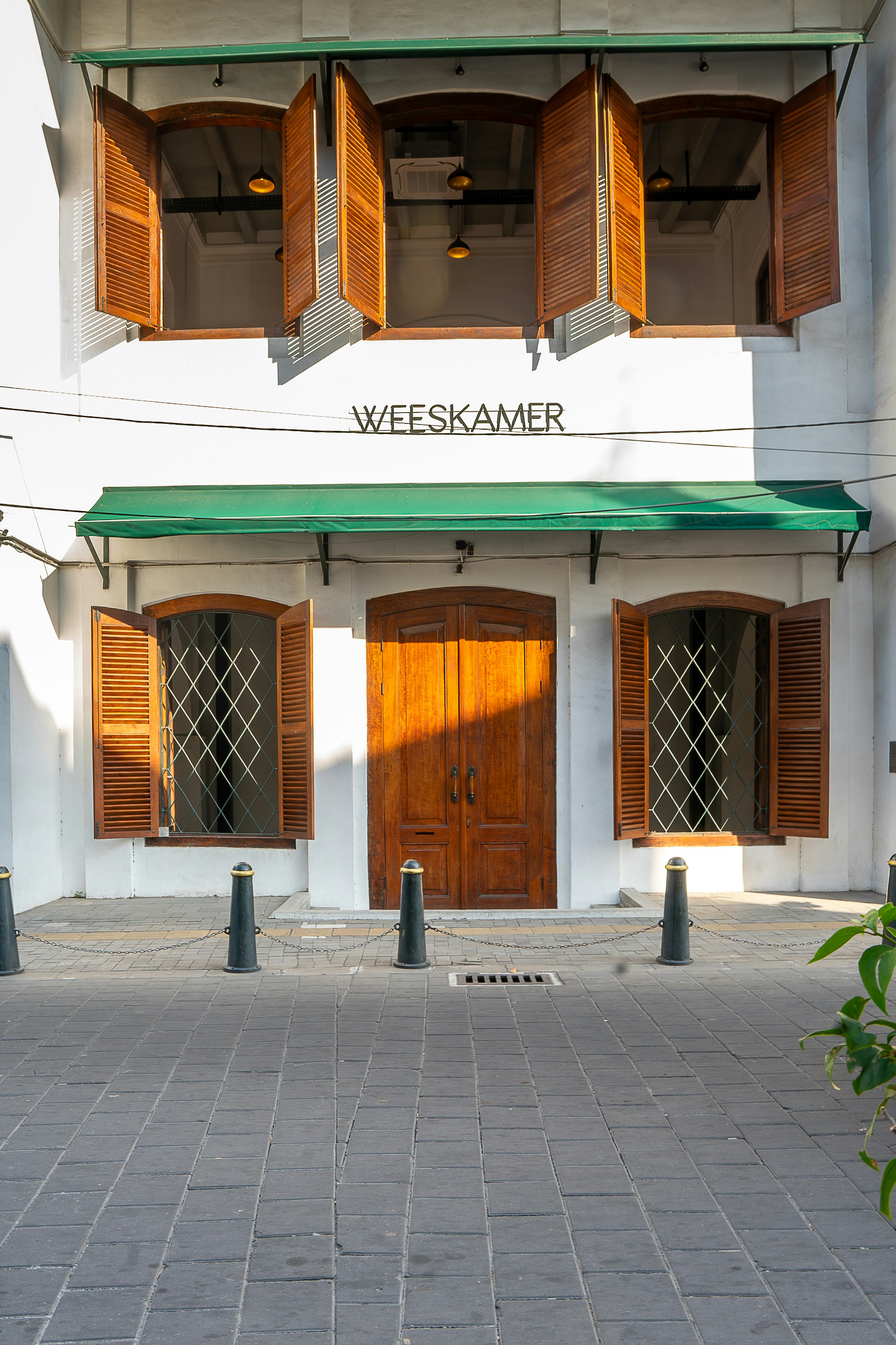 Sunlit Central Doorway Framed by Open Shutters and a Green Canopy