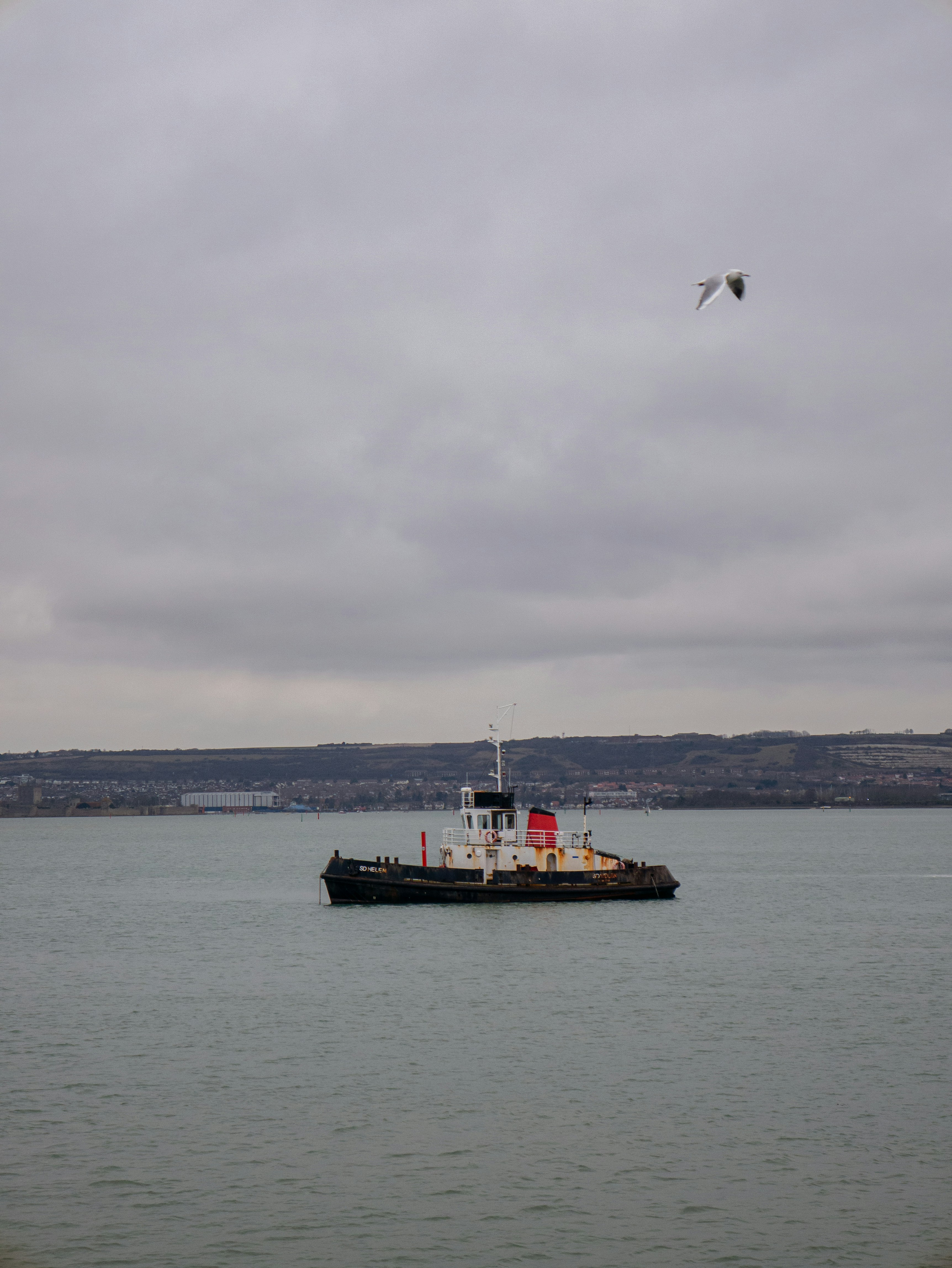 Wharfside Silence: A lone tug on a gray estuary