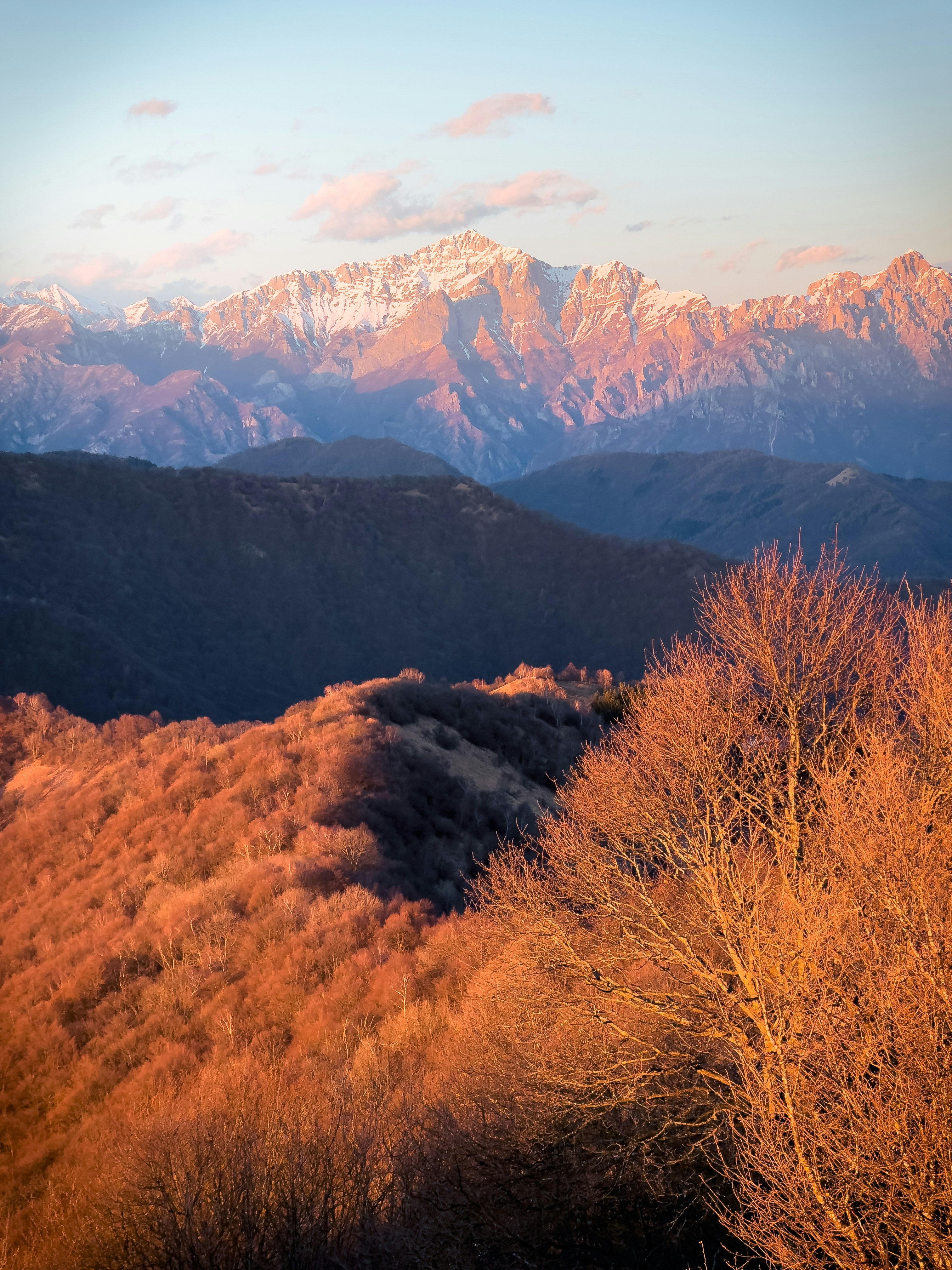 Crimson Light on the Alpine Spine: Snow Peaks and Golden Foliage