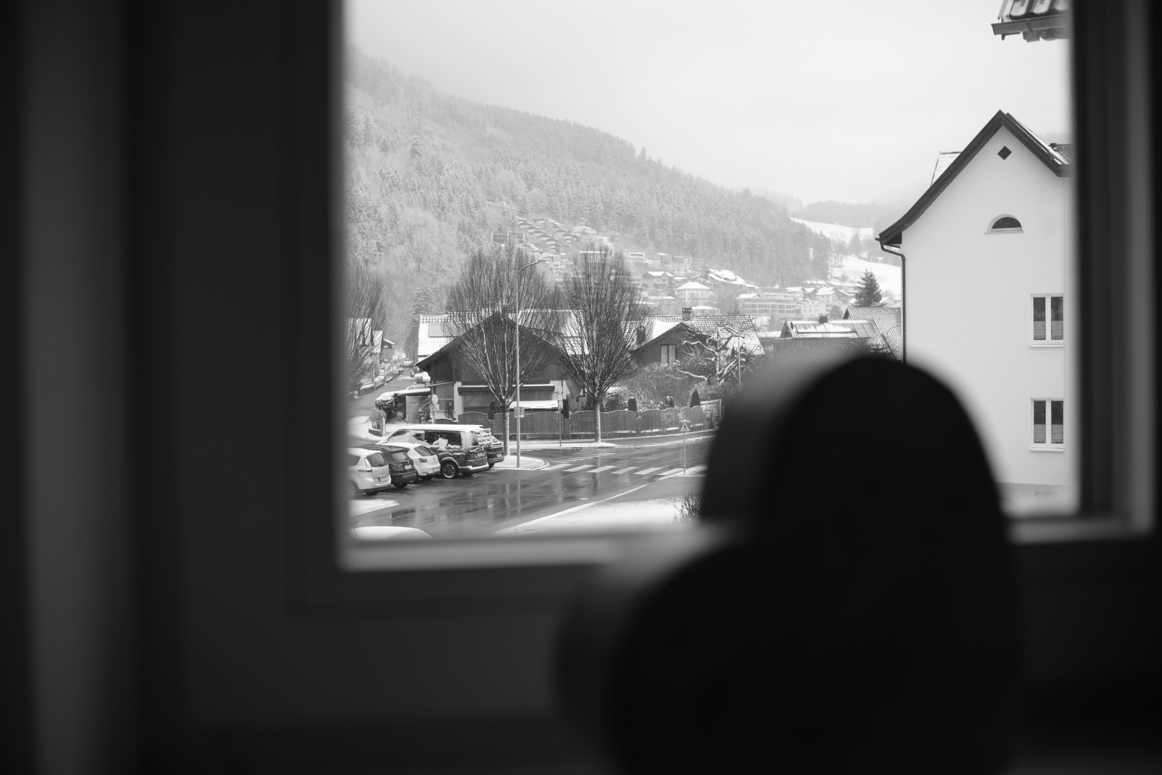Rainy Village Beyond the Window Frame