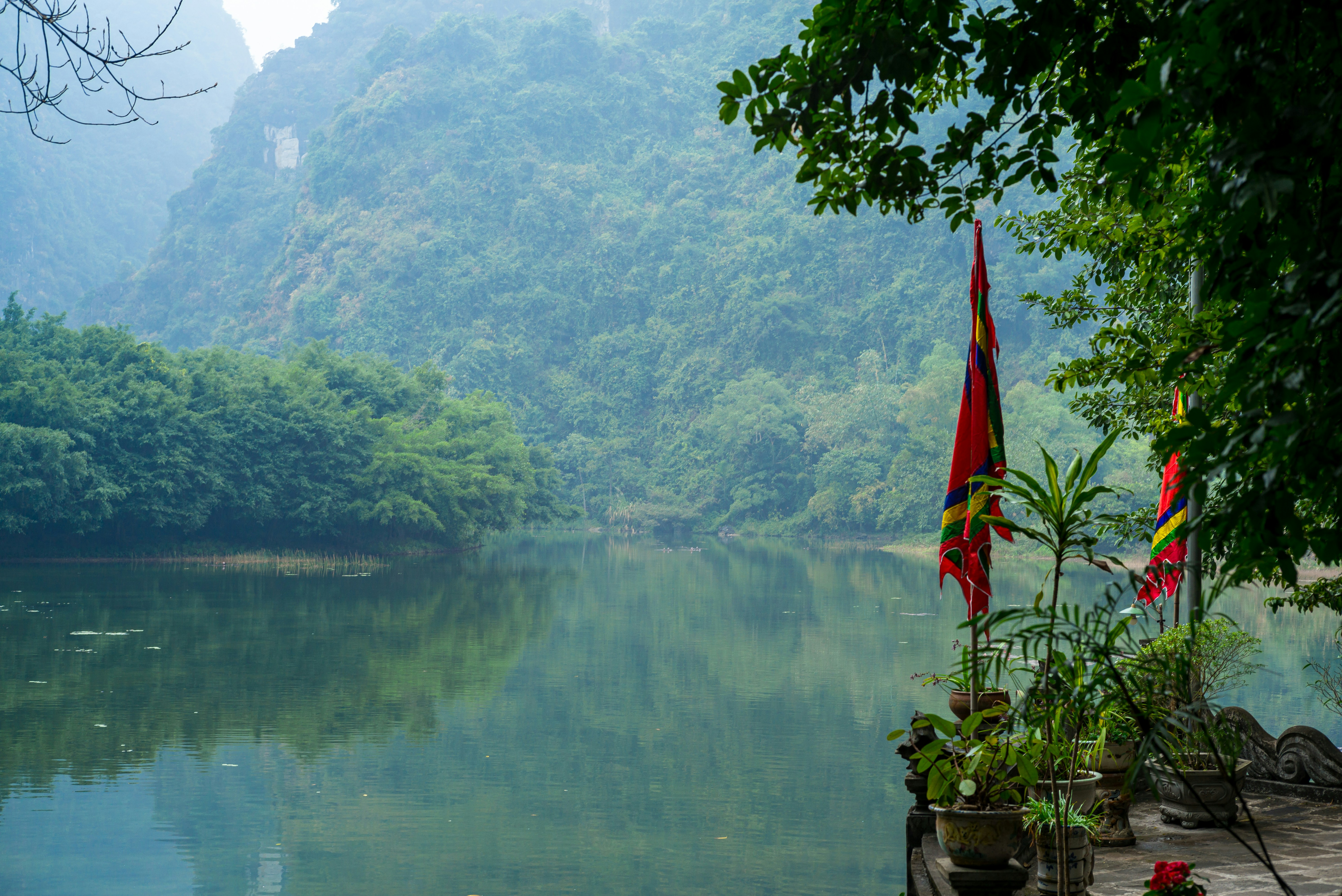 Lush green trees and vibrant flags reflect on a calm river under a misty sky.