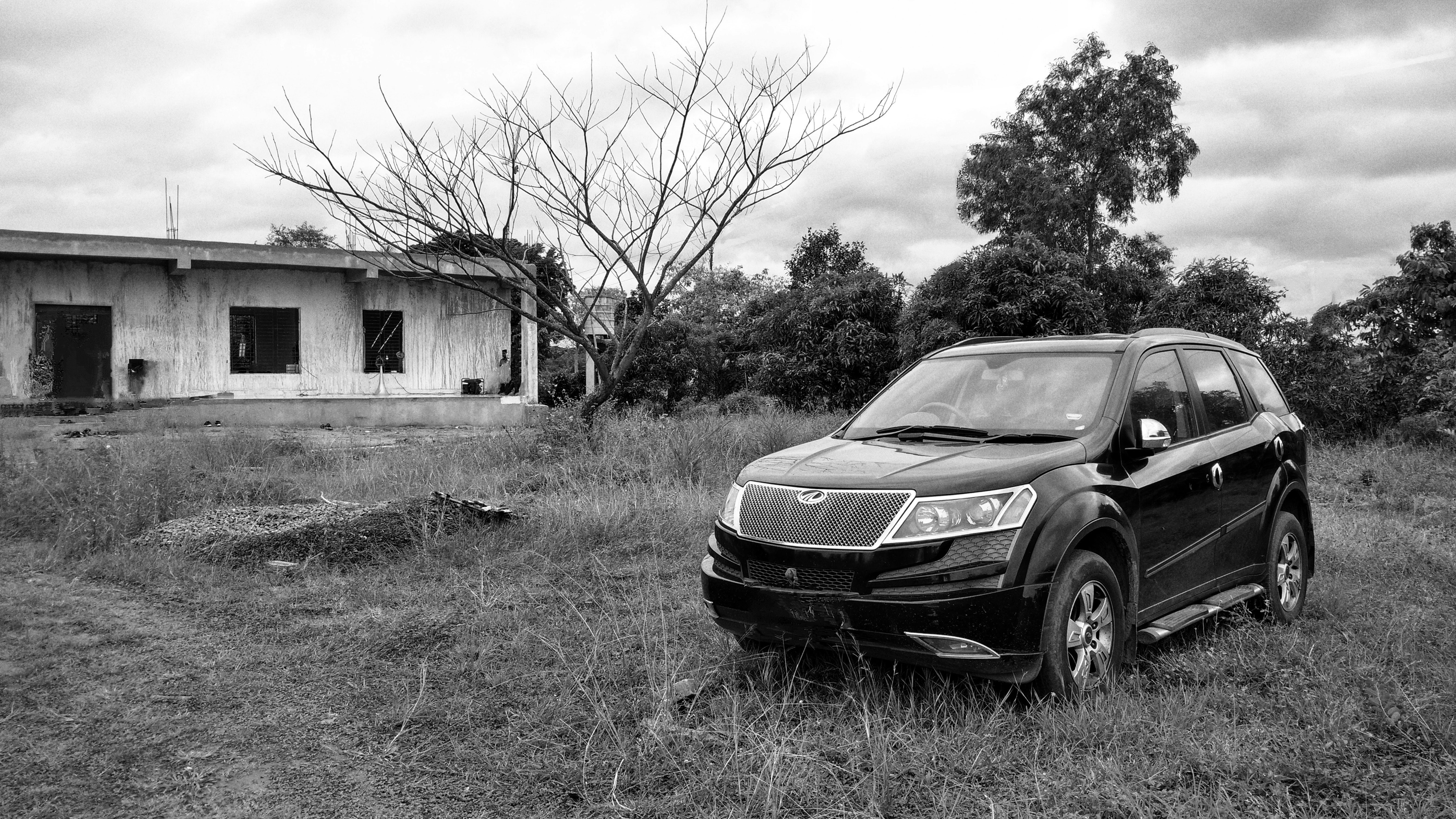 Black SUV parked in a grassy field beside an abandoned building and leafless tree under a cloudy sky.
