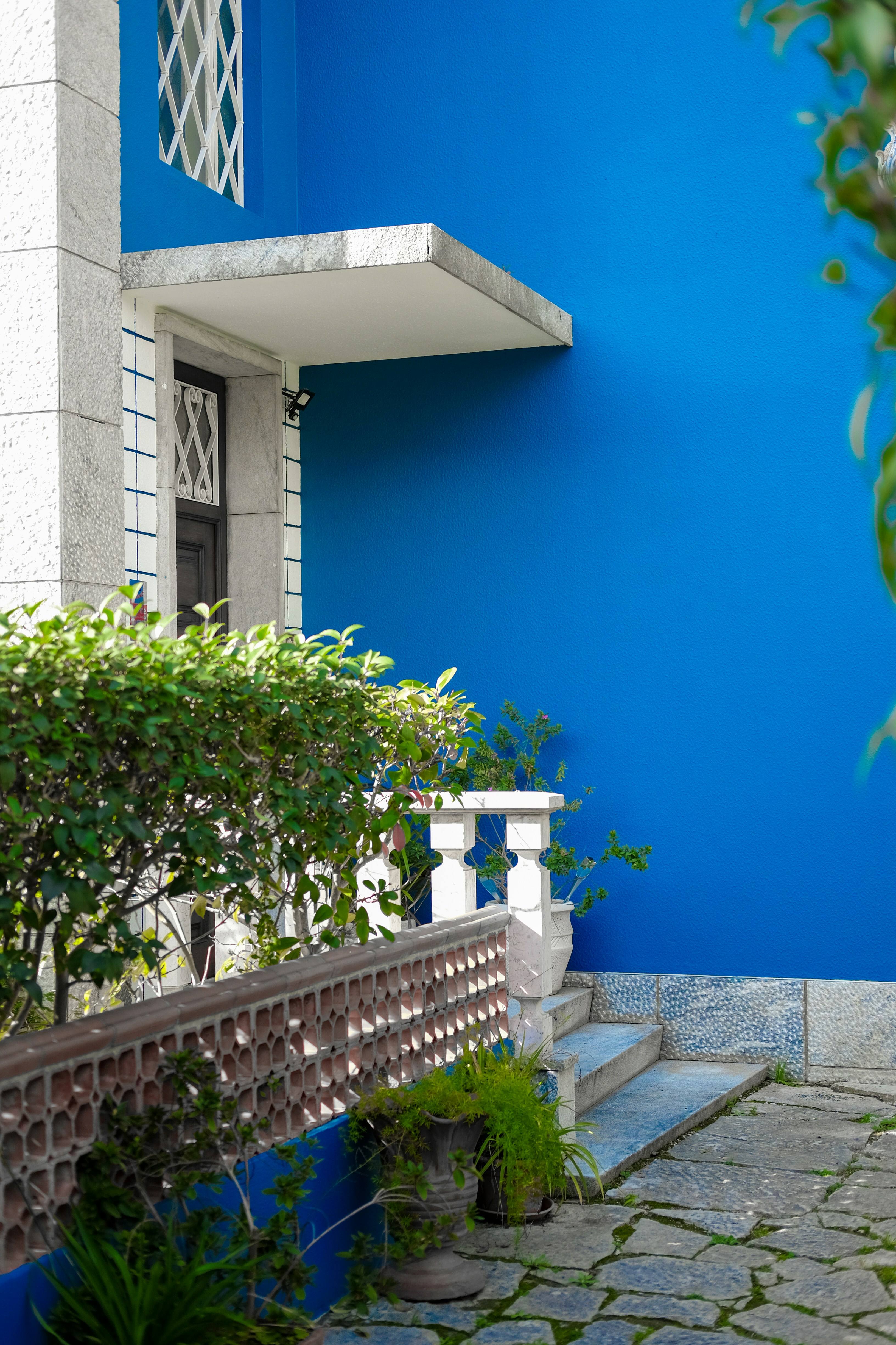 Azure Facade and Stone Lace: A Doorway Framed by Greenery
