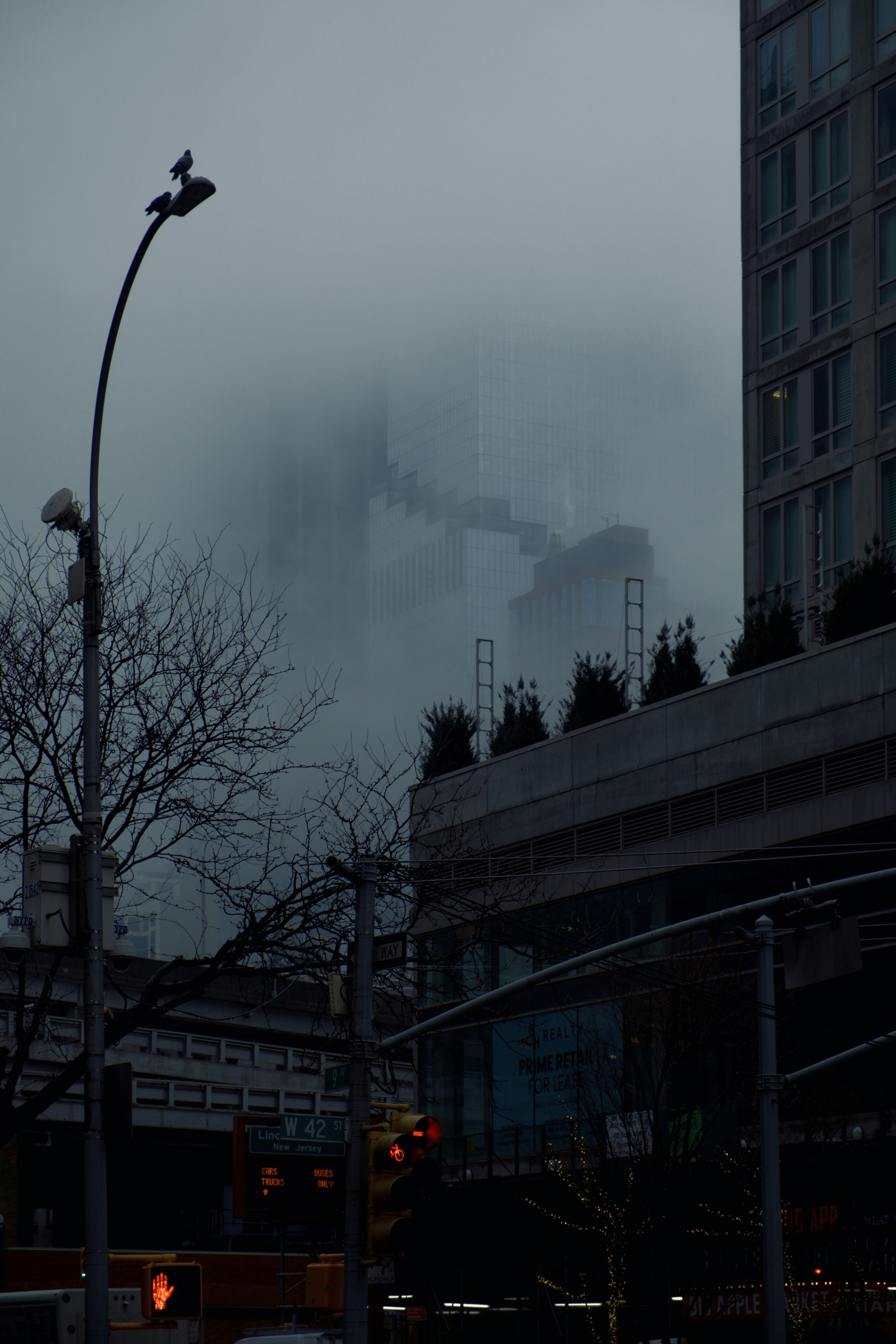 A foggy city street with a tall building in the background photo – Free ...