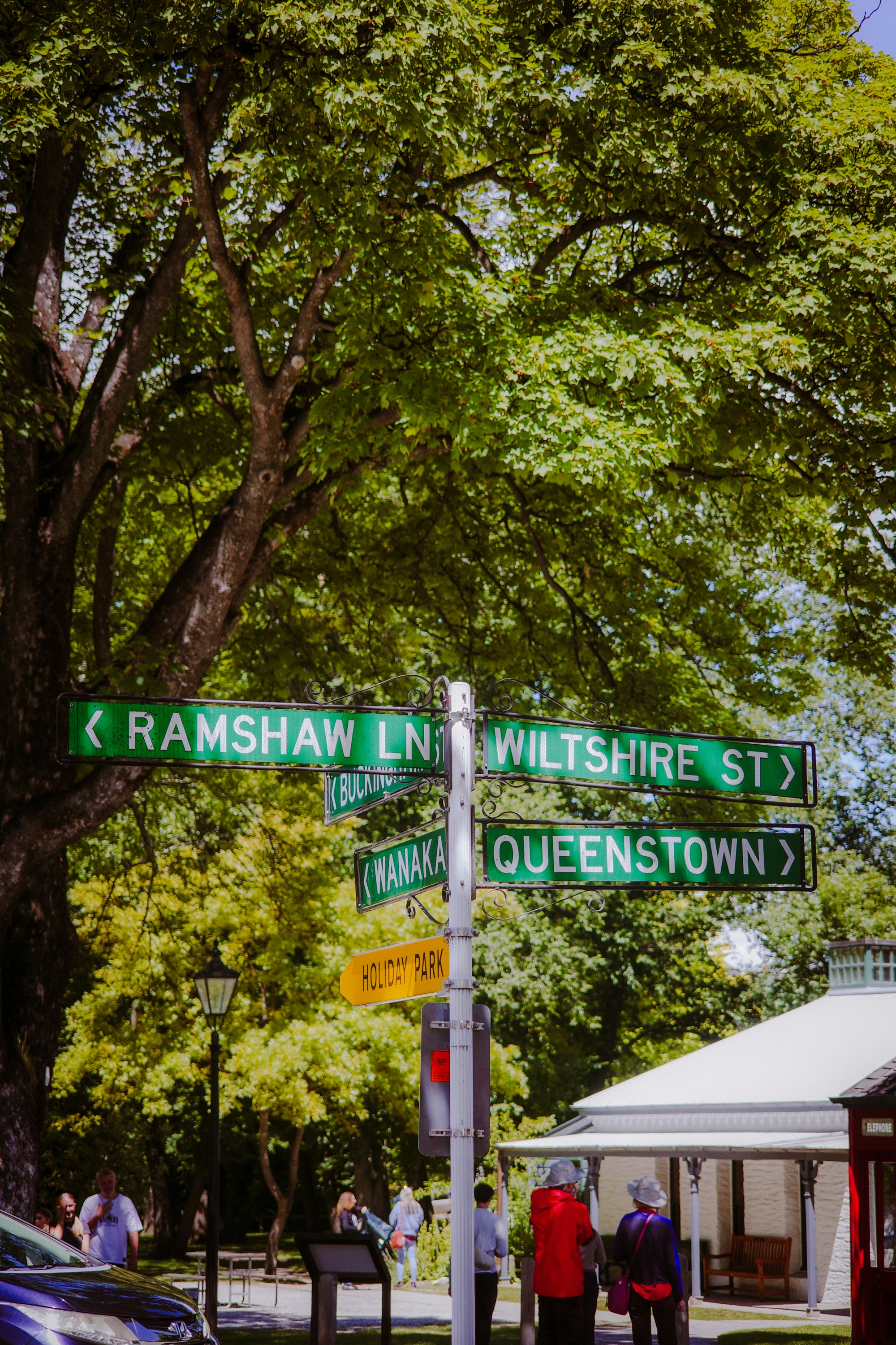 Leafy Park Intersection: Ramshaw Lane Meets Queenstown at a Green Canopy Signpost