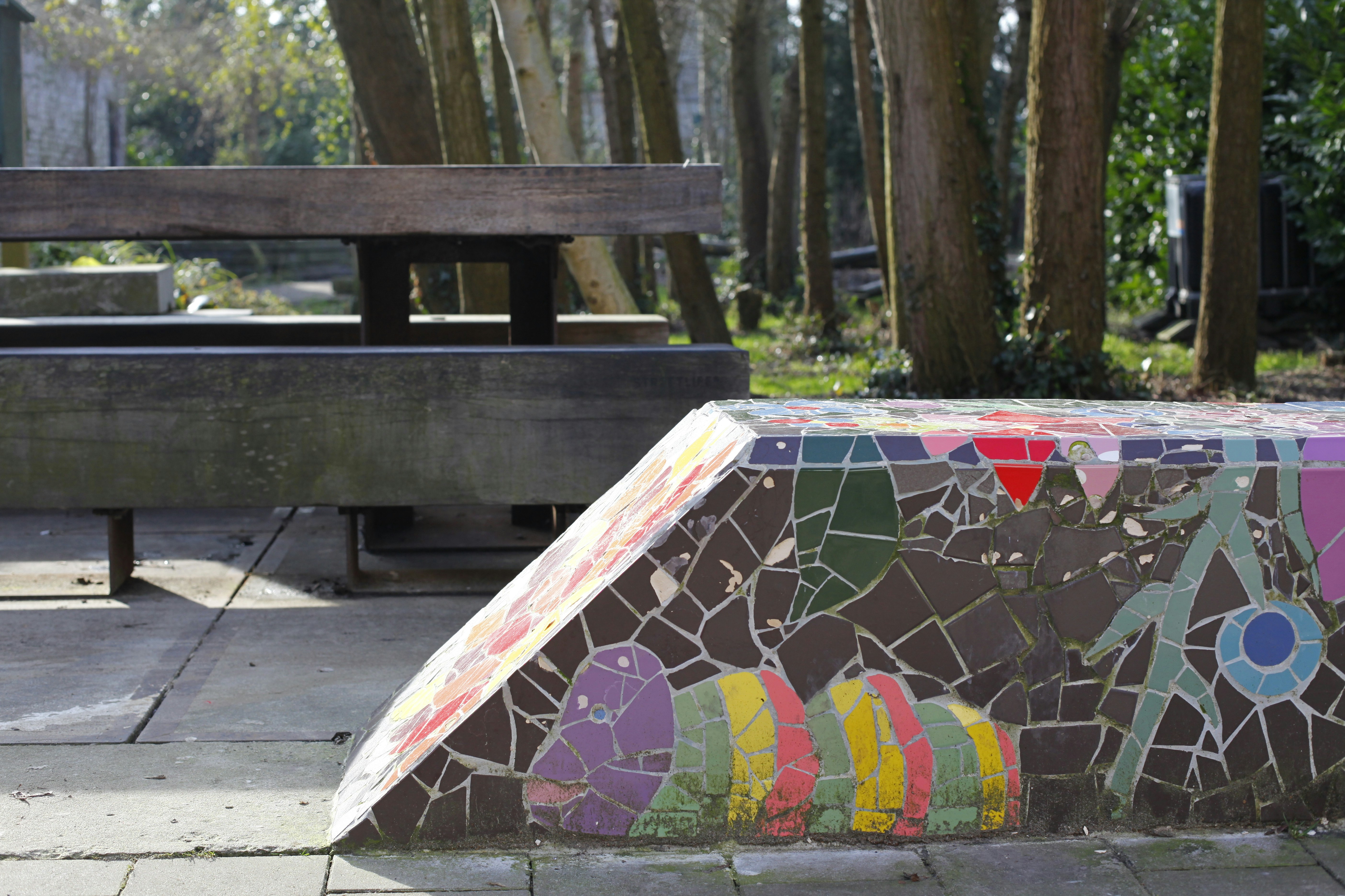 Colorful mosaic bench juxtaposed with wooden picnic table in a sunlit forest clearing.