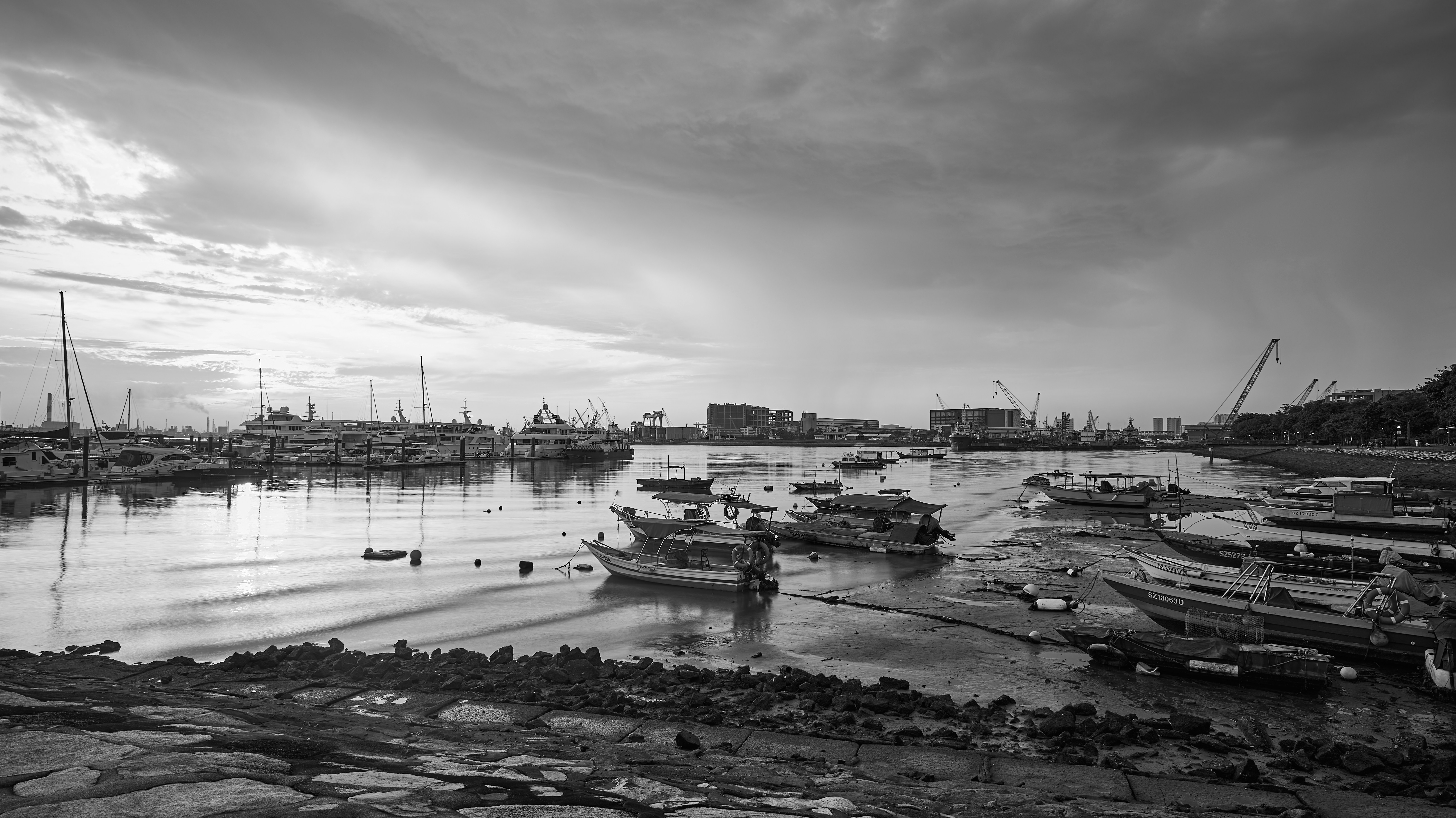 Black and white view of boats docked in a calm harbor with a cloudy sky.
