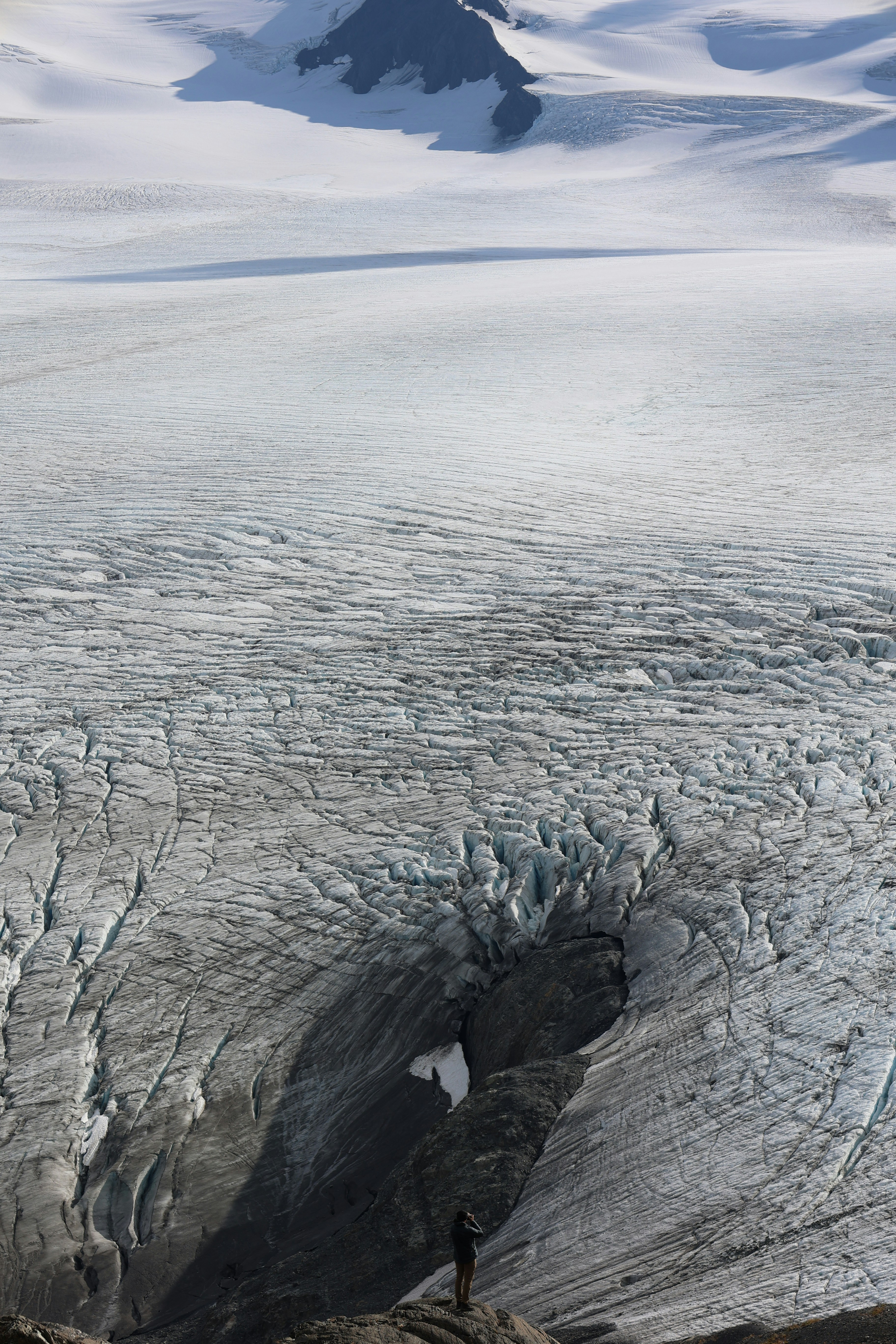 In the Crevasse's Shadow: A Lone Figure on Wrinkled Ice