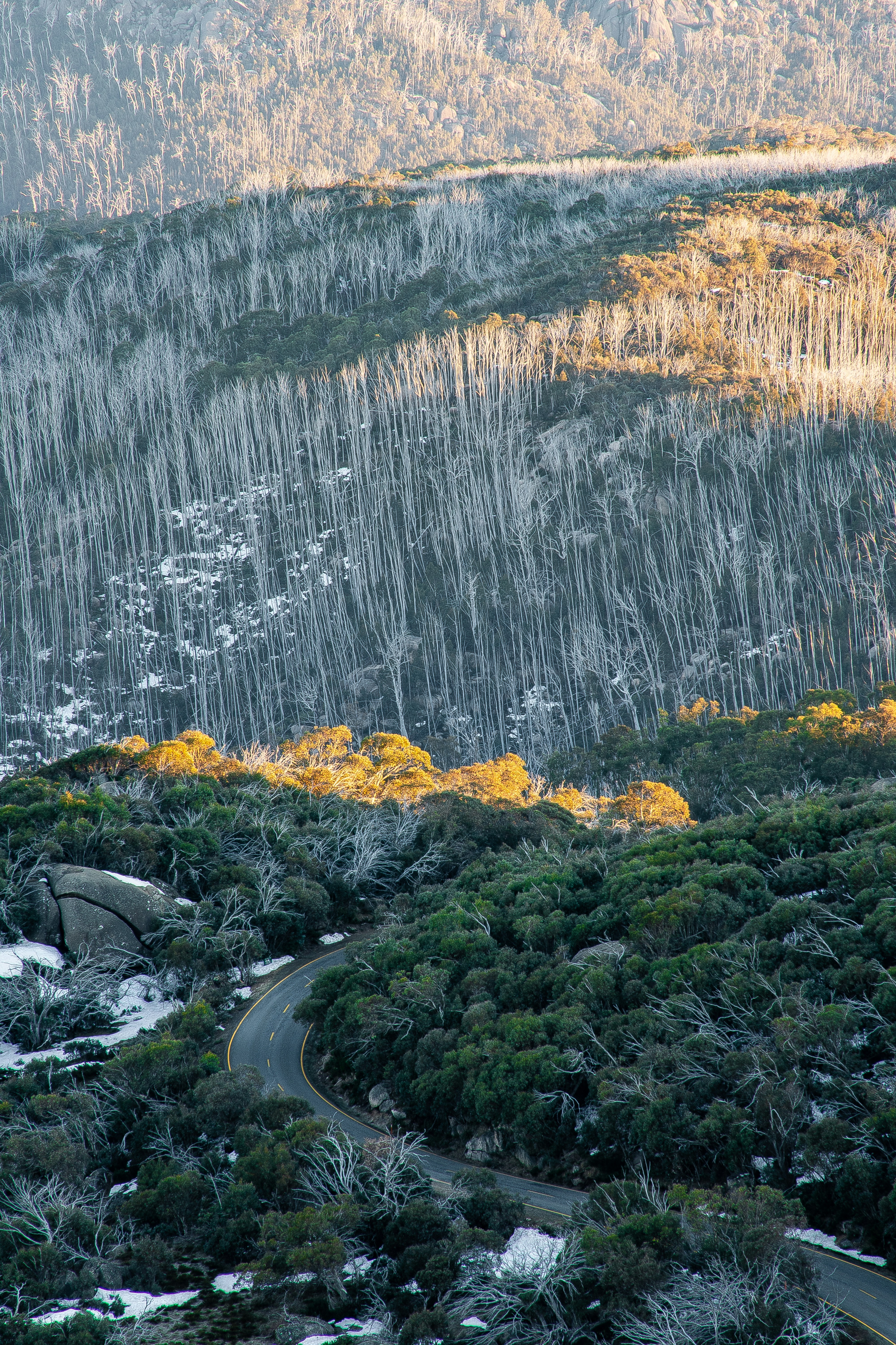 Switchbacks Through a Frost-Dusted Canyon at Golden Hour