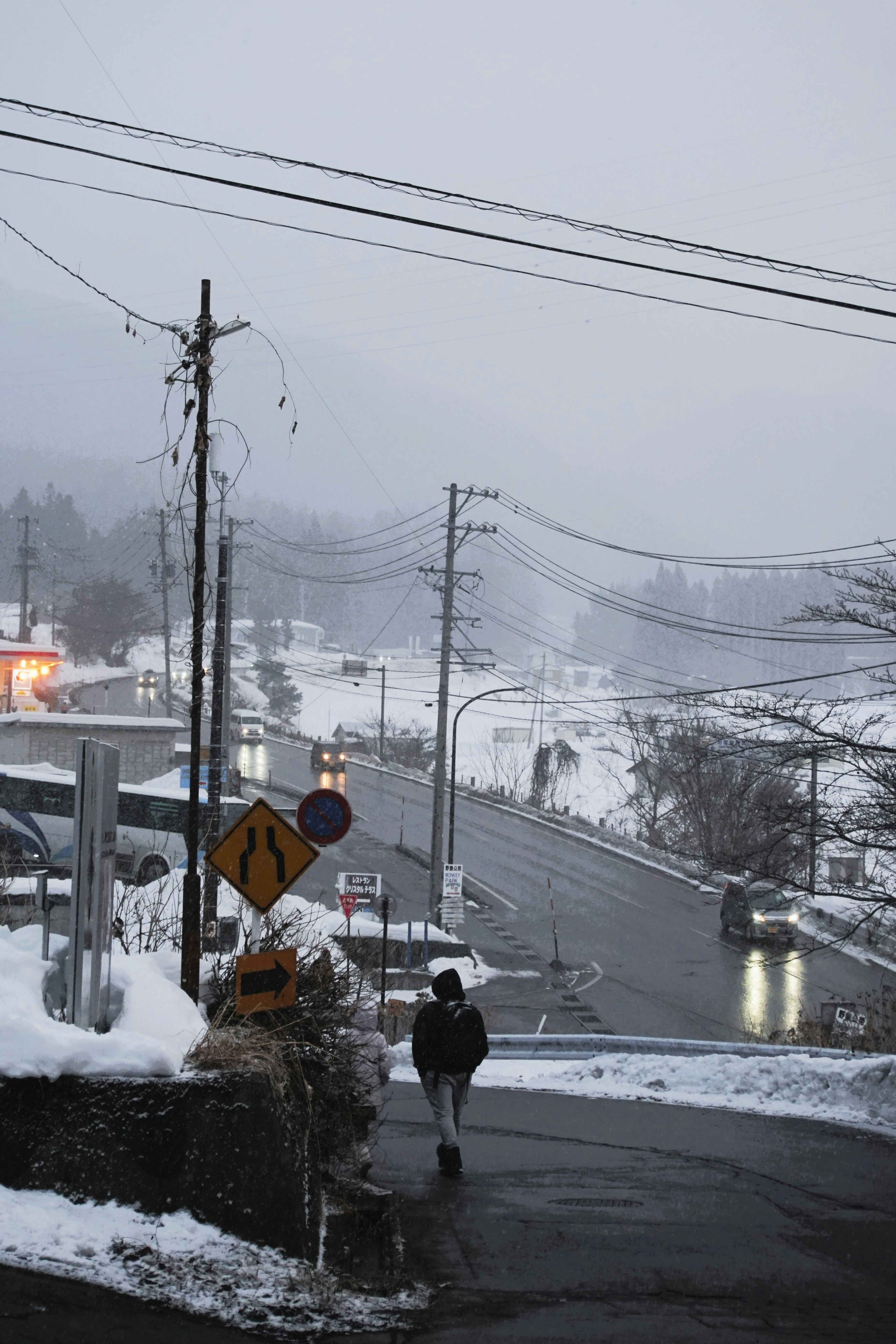 Downhill Winter Quiet: A Lone Pedestrian Under Wires and Signs