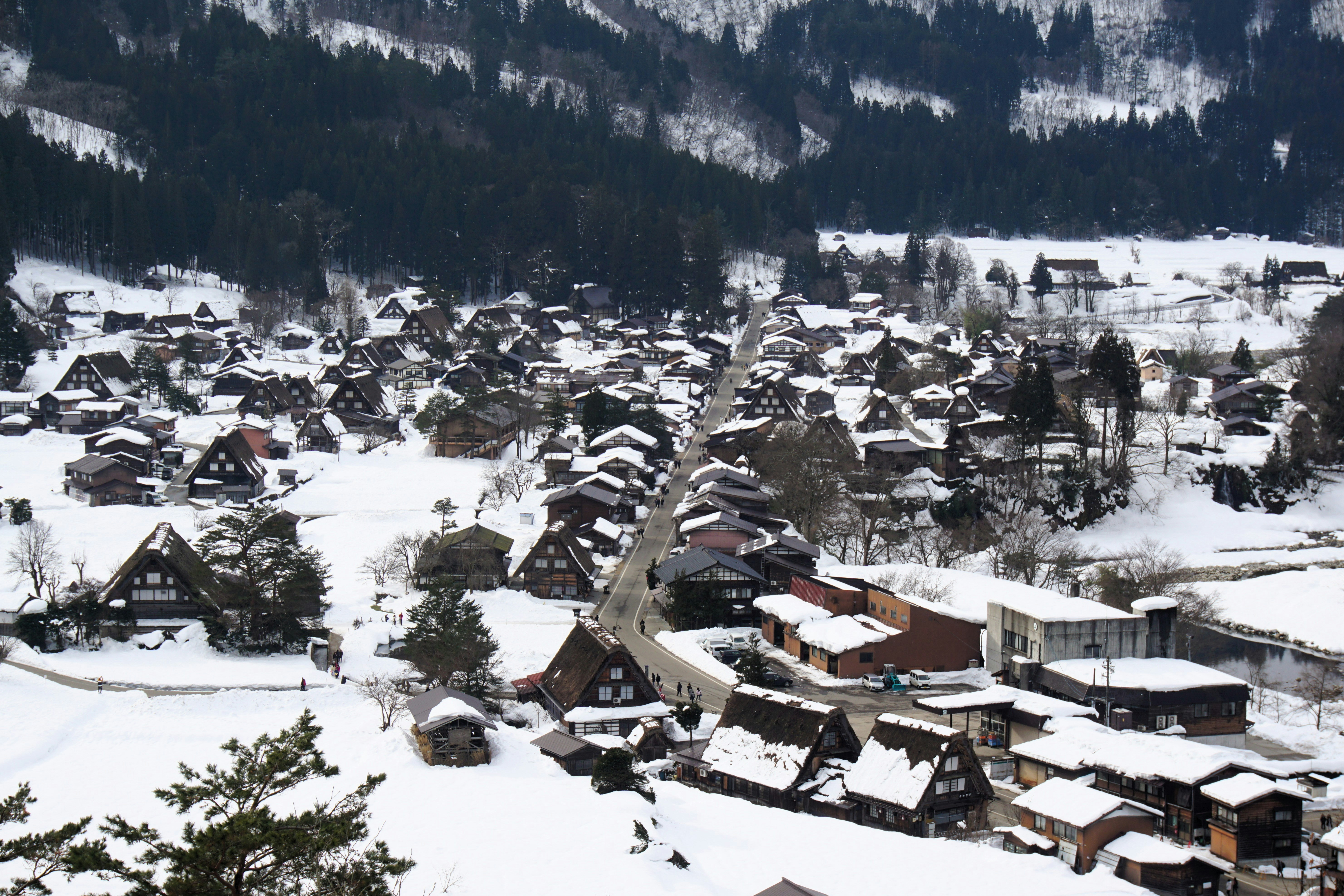 Traditional village nestled in a snowy landscape with steep-roofed houses and a winding road.