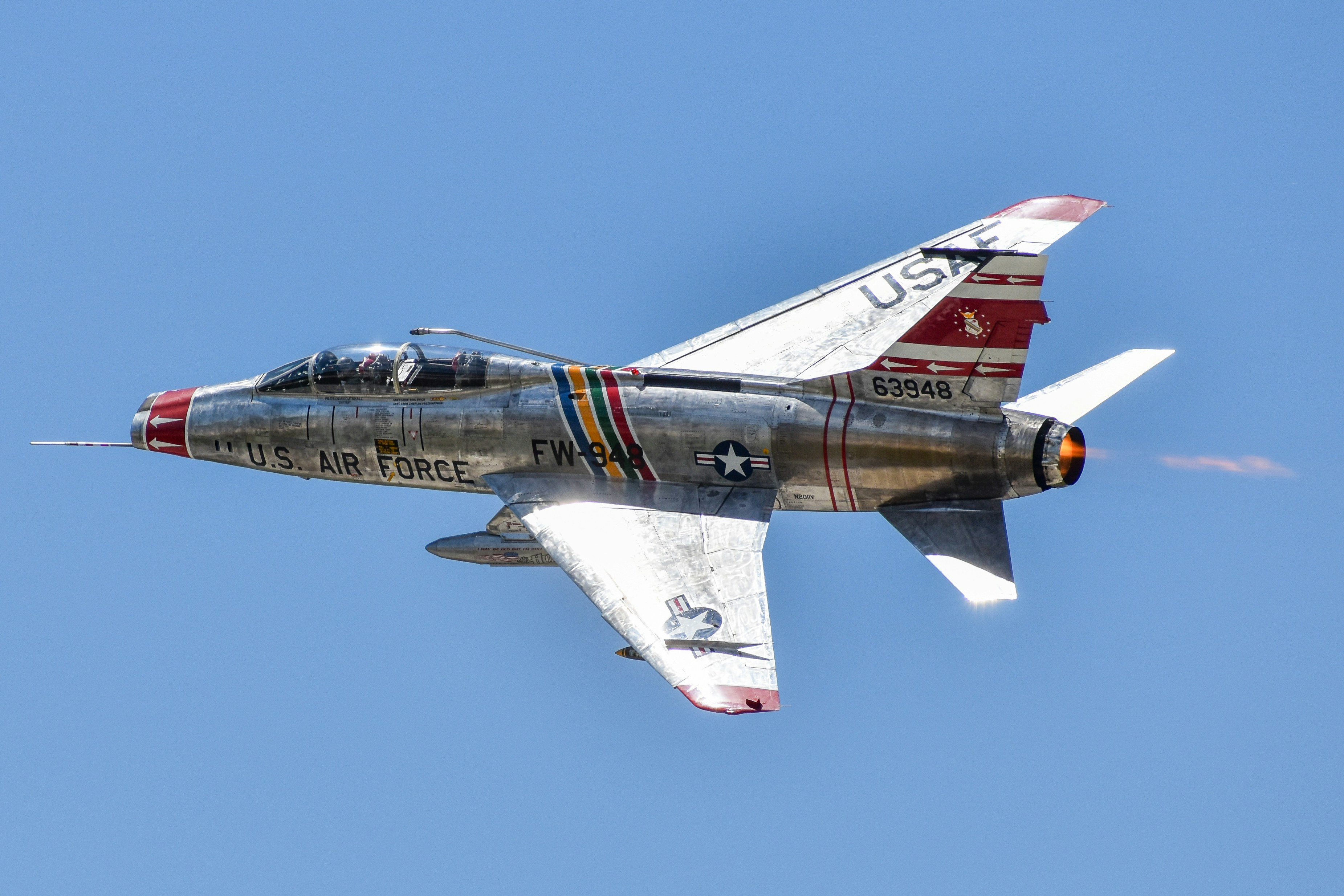 US Air Force F-100 Super Sabre flying against a clear blue sky.