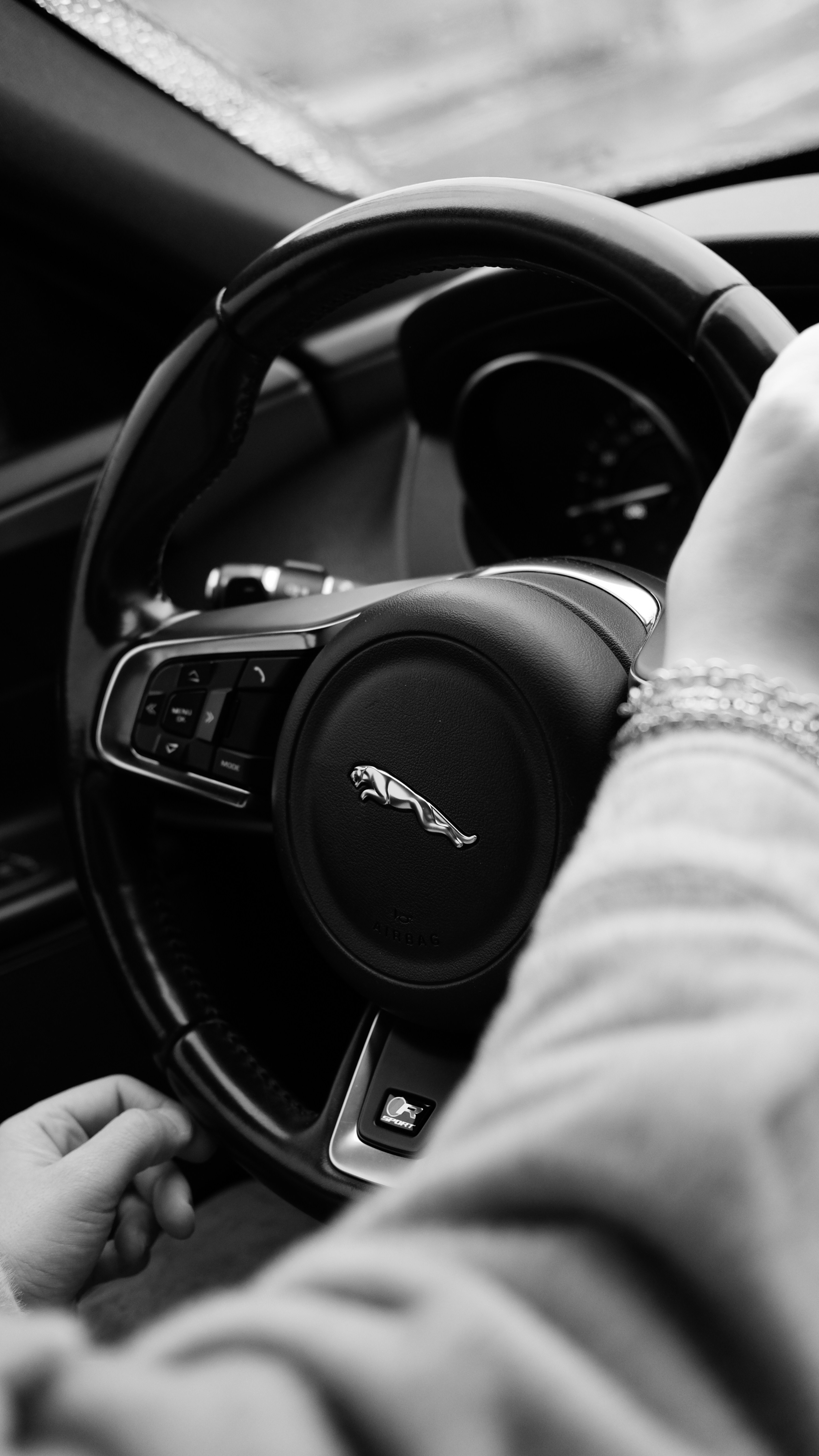 Centered Jaguar Emblem: Quiet Focus in a Monochrome Drive