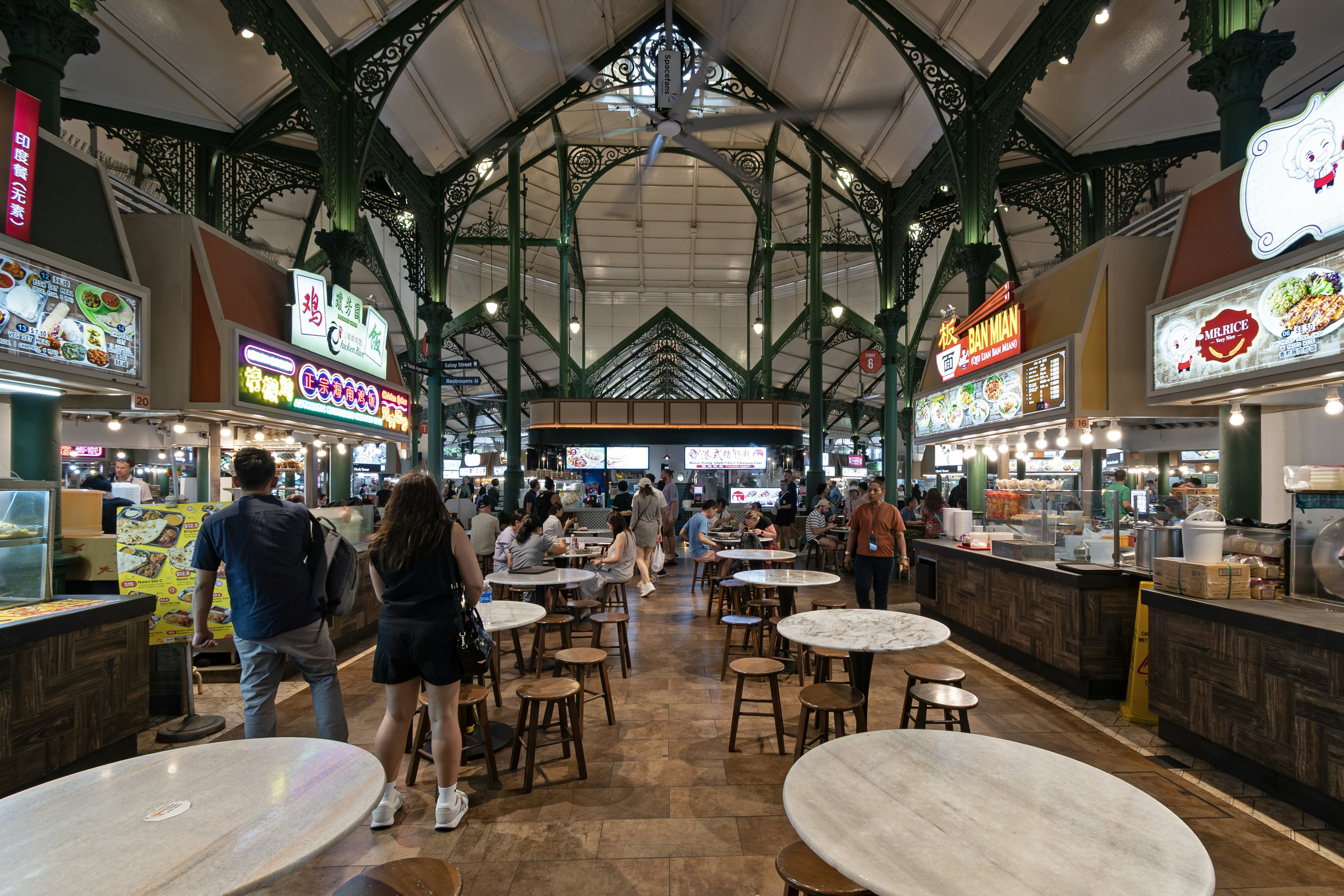 Lau Pa Sat, or "old market," is a restored hawker centre in Singapore. Built over a hundred years ago, the market features distinctive Victorian architecture and a clock tower.
