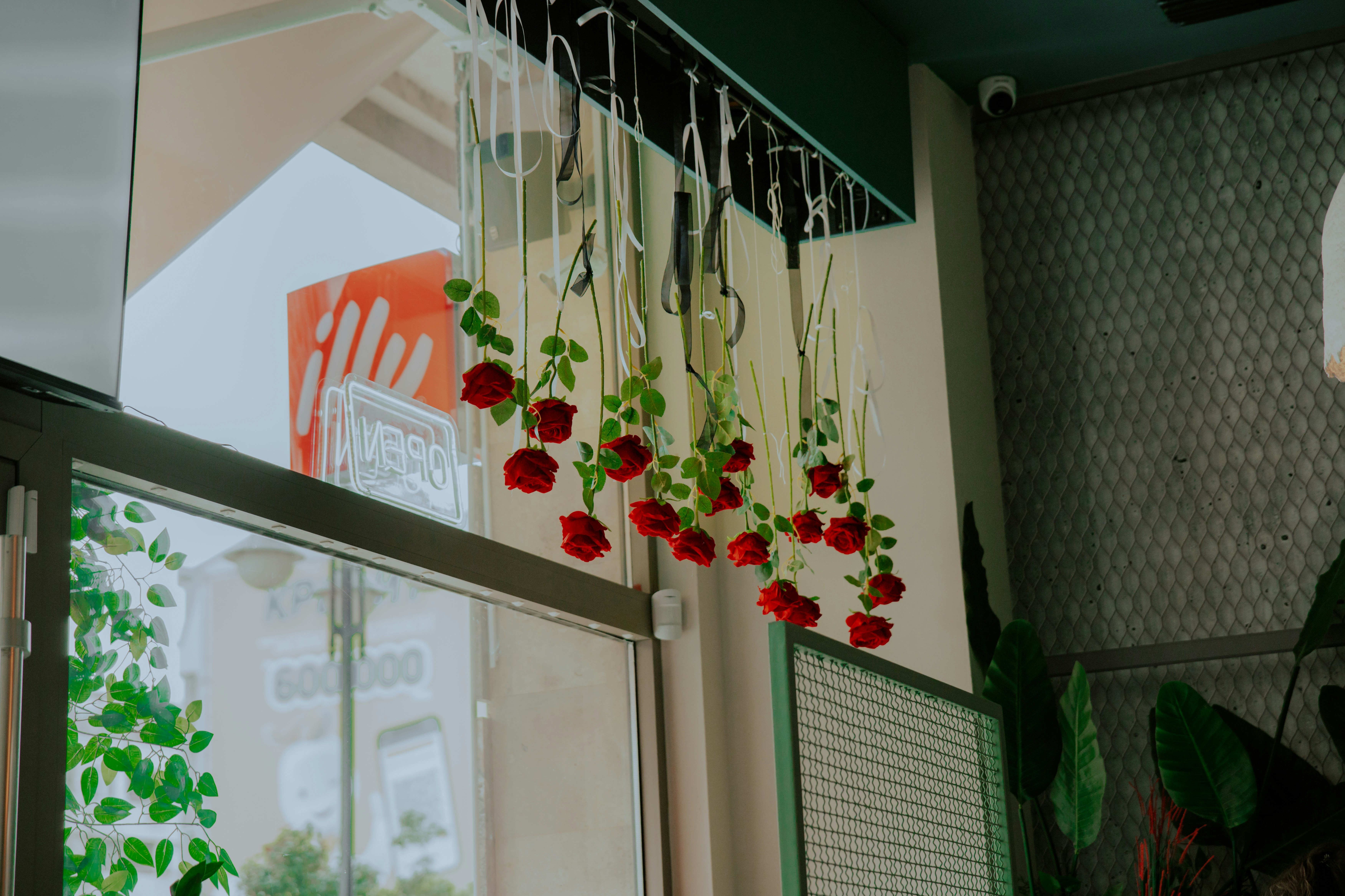 Crimson Cascades Over a Glass-Door Café