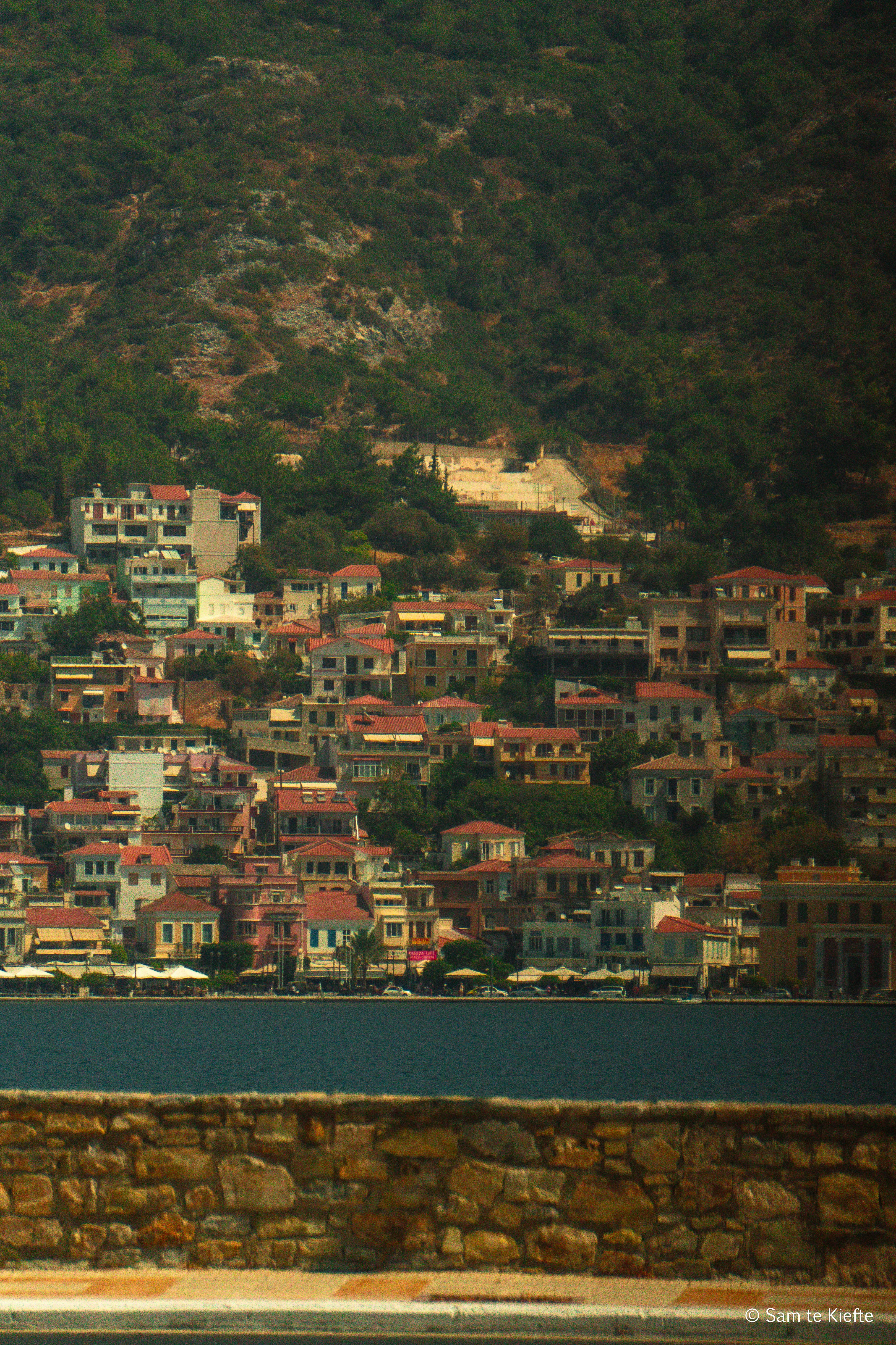 Vibrant hillside community with colorful houses nestled among lush greenery, overlooking a serene body of water.