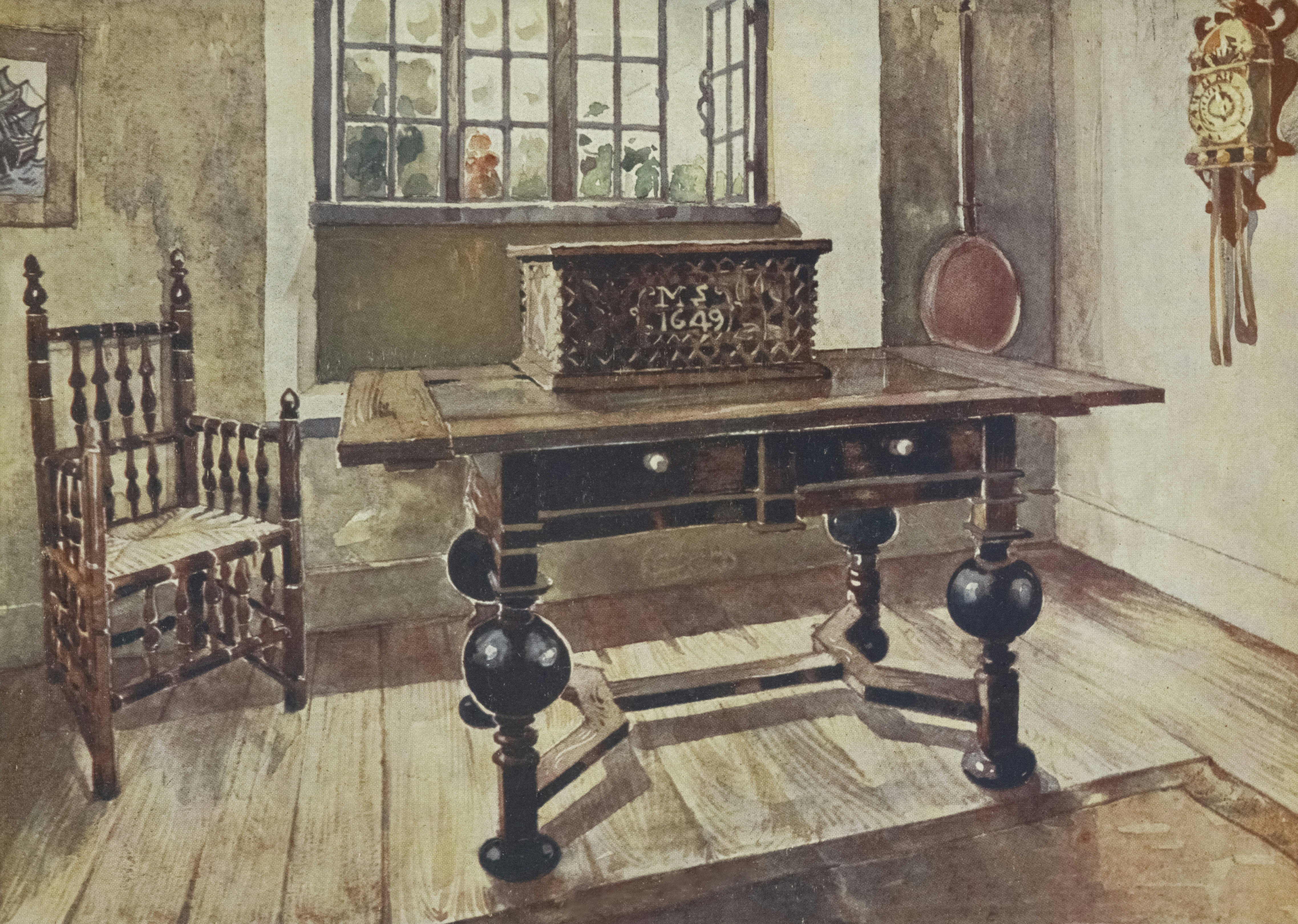 The Miriam and Ira D. Wallach Division of Art, Prints and Photographs: Art & Architecture Collection, The New York Public Library. "An early Virginian colonist's parlour. Oak "drawinge" table, in the possession of the Pickering family, Salem, U. S. A., from 1636. Oak bible box, Connecticut Historical Society, U.S.A. Elder Brewster's chair, Pilgrims' Hall, Plymouth, Mass., U.S.A." The New York Public Library Digital Collections. 1910 - 1911. https://digitalcollections.nypl.org/items/510d47e4-6d7f-a3d9-e040-e00a18064a99