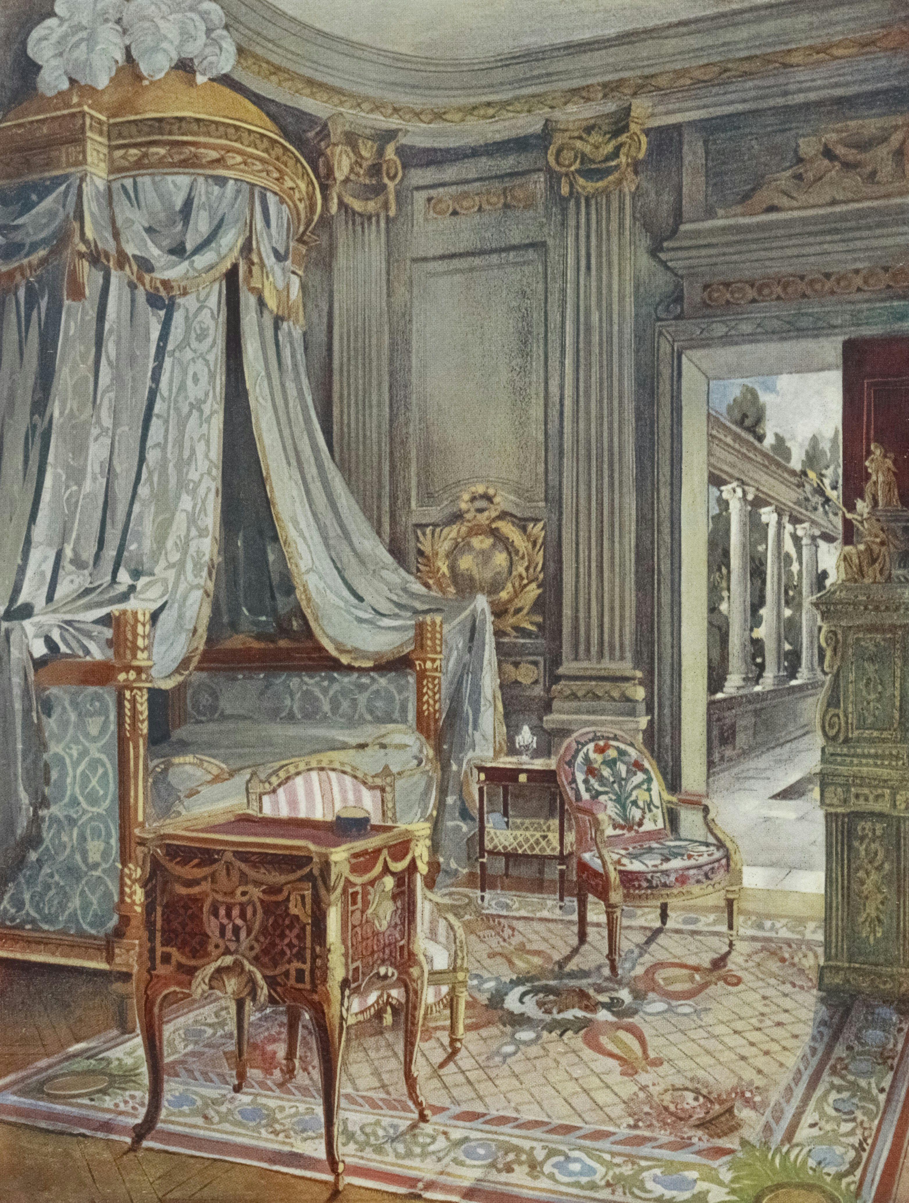 The Miriam and Ira D. Wallach Division of Art, Prints and Photographs: Art & Architecture Collection, The New York Public Library. "Carved and gilt draped domed bed (lit a couronne), style Louis XVI. Victoria and Albert Museum, London, W. Bureau-toilette (or petit secrétaire) in marqueterie. Style, transitional Louis XV-XVI. Wallace collection, Hertford house, London W. Cartonnier in green lacquer, style, transitional Louis XV-XVI. Wallace collection." The New York Public Library Digital Collections. 1910 - 1911. https://digitalcollections.nypl.org/items/510d47e4-6db1-a3d9-e040-e00a18064a99