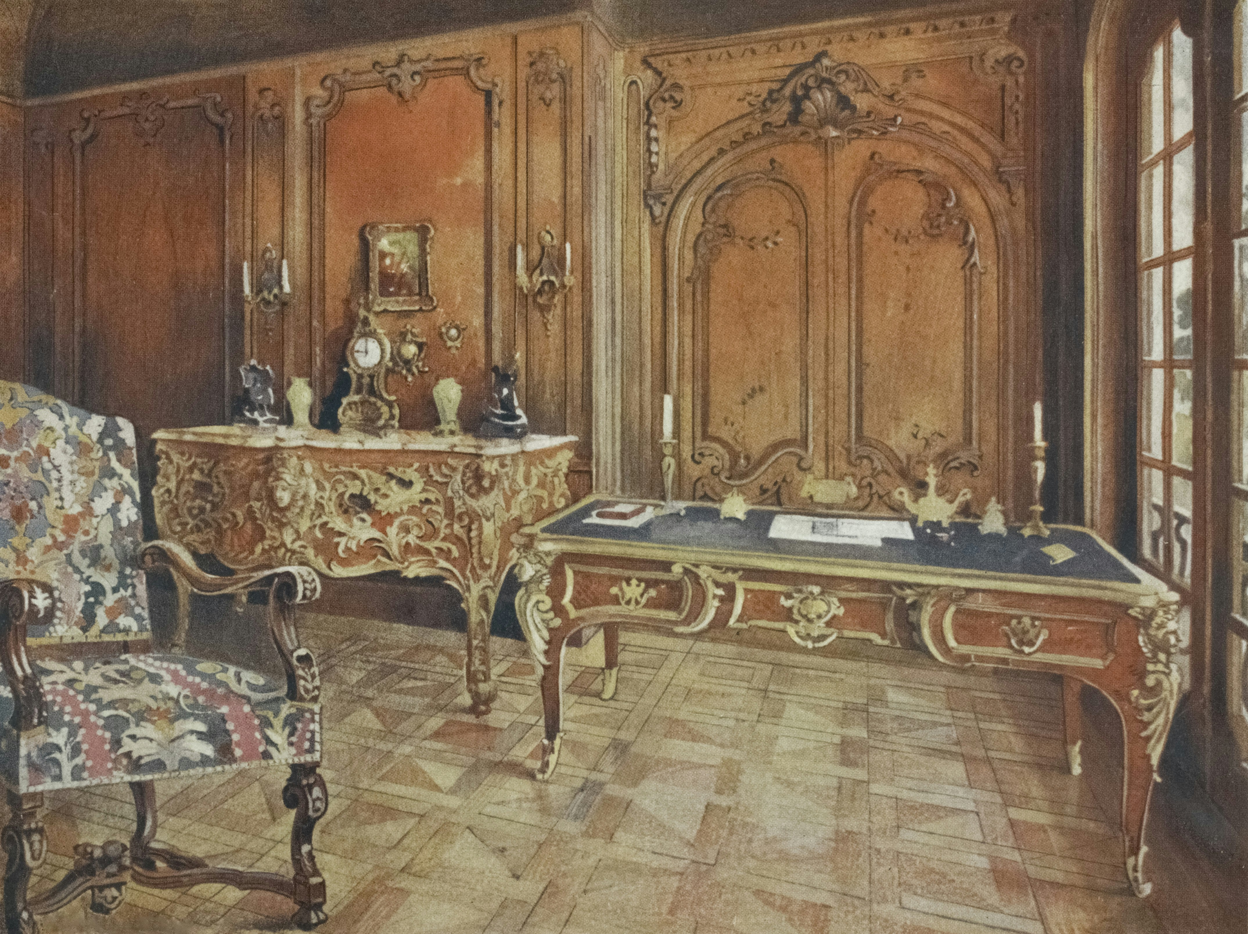 The Miriam and Ira D. Wallach Division of Art, Prints and Photographs: Art & Architecture Collection, The New York Public Library. "Panelled room: French. Style of the régence. Carved oak chair, Le Garde Meuble, Paris. Ormolu-mounted mahogany writing table. Ormolu-mounted bombé commode, by Charles Cressent. In the Wallace Collection, Manchester Square, London." The New York Public Library Digital Collections. 1910 - 1911. https://digitalcollections.nypl.org/items/510d47e4-6da8-a3d9-e040-e00a18064a99