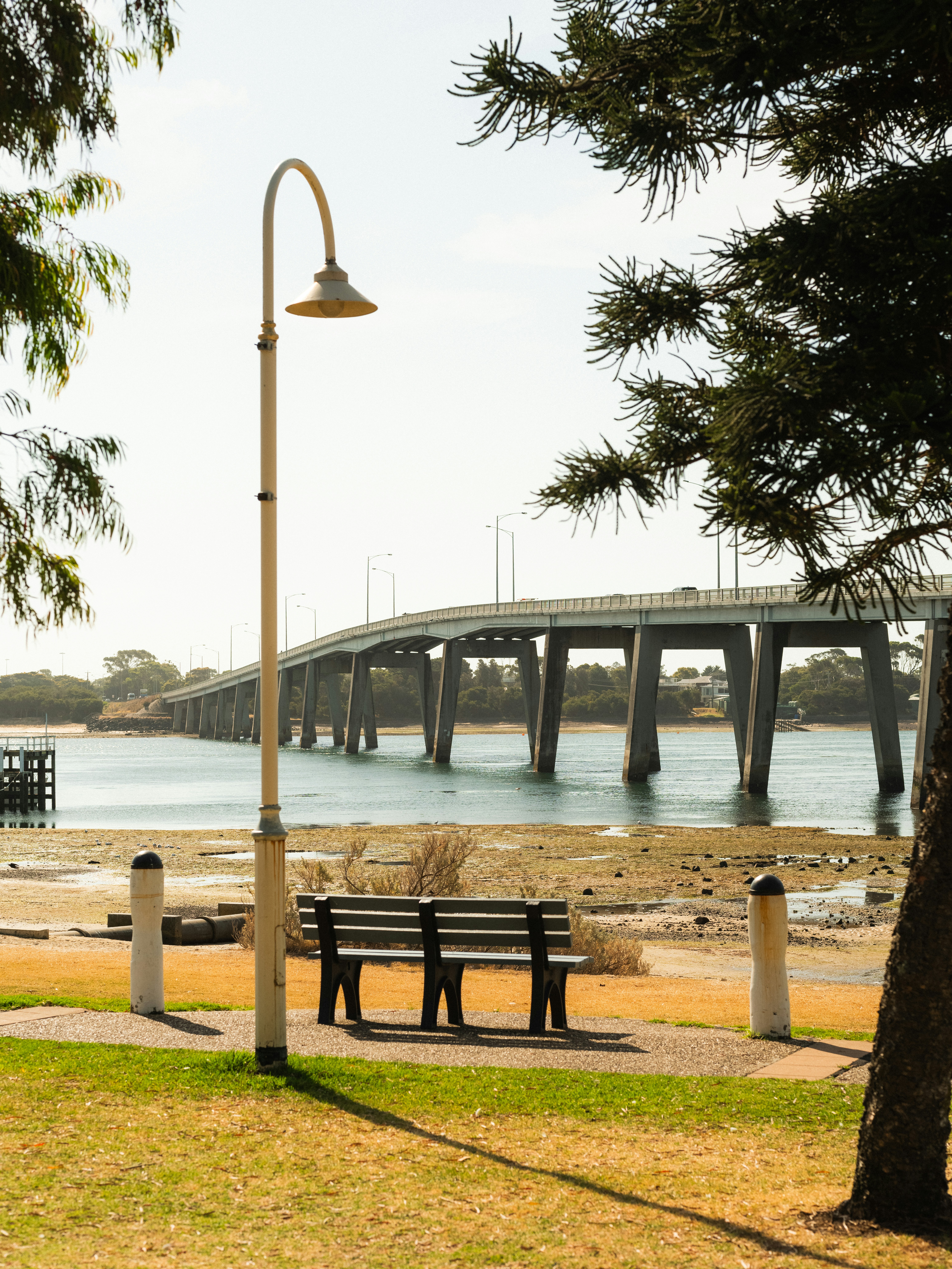 Lamppost, Bench, and Bridge: A Quiet Riverside Vista