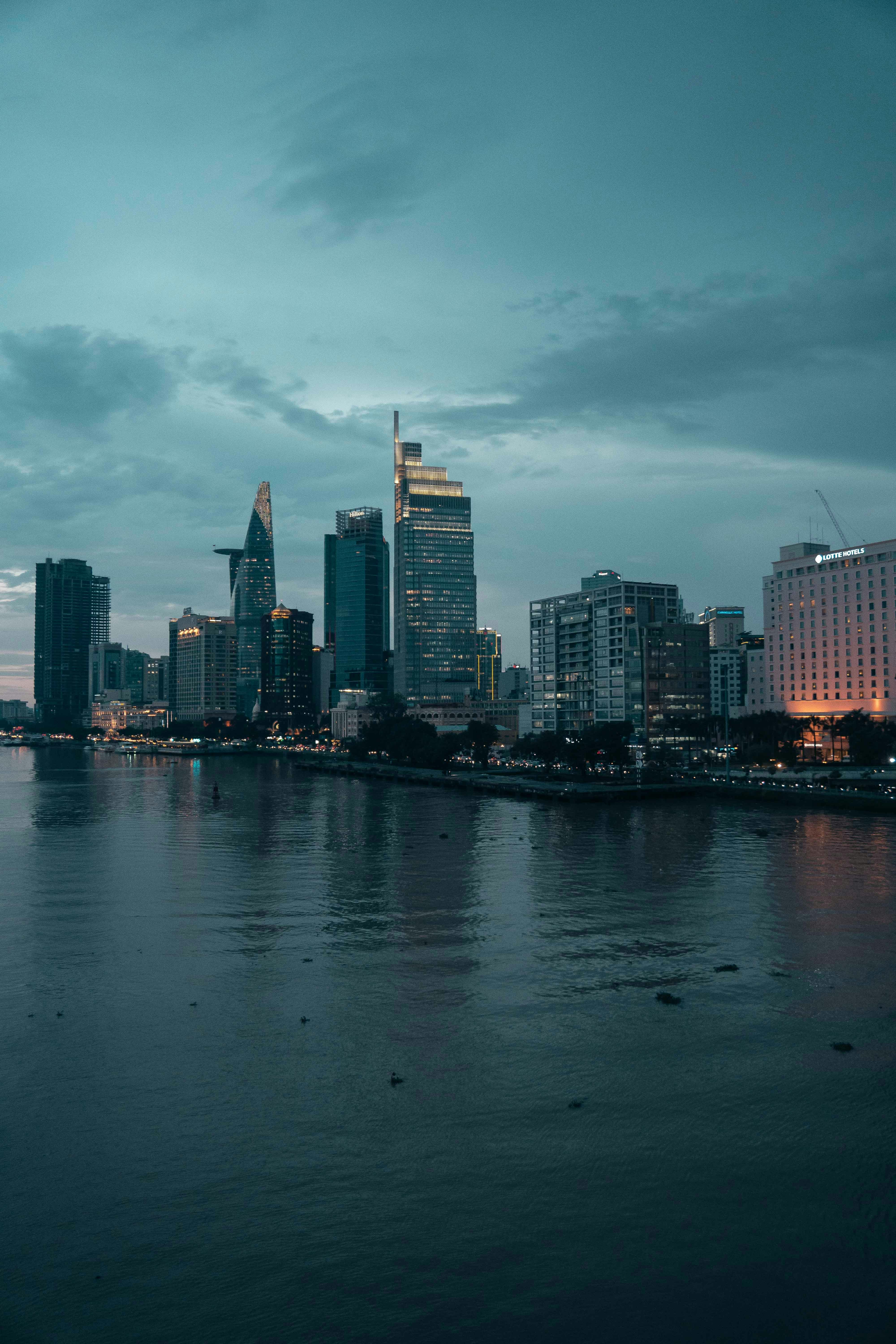 Blue Hour on the River: Glass Giants of the Waterfront