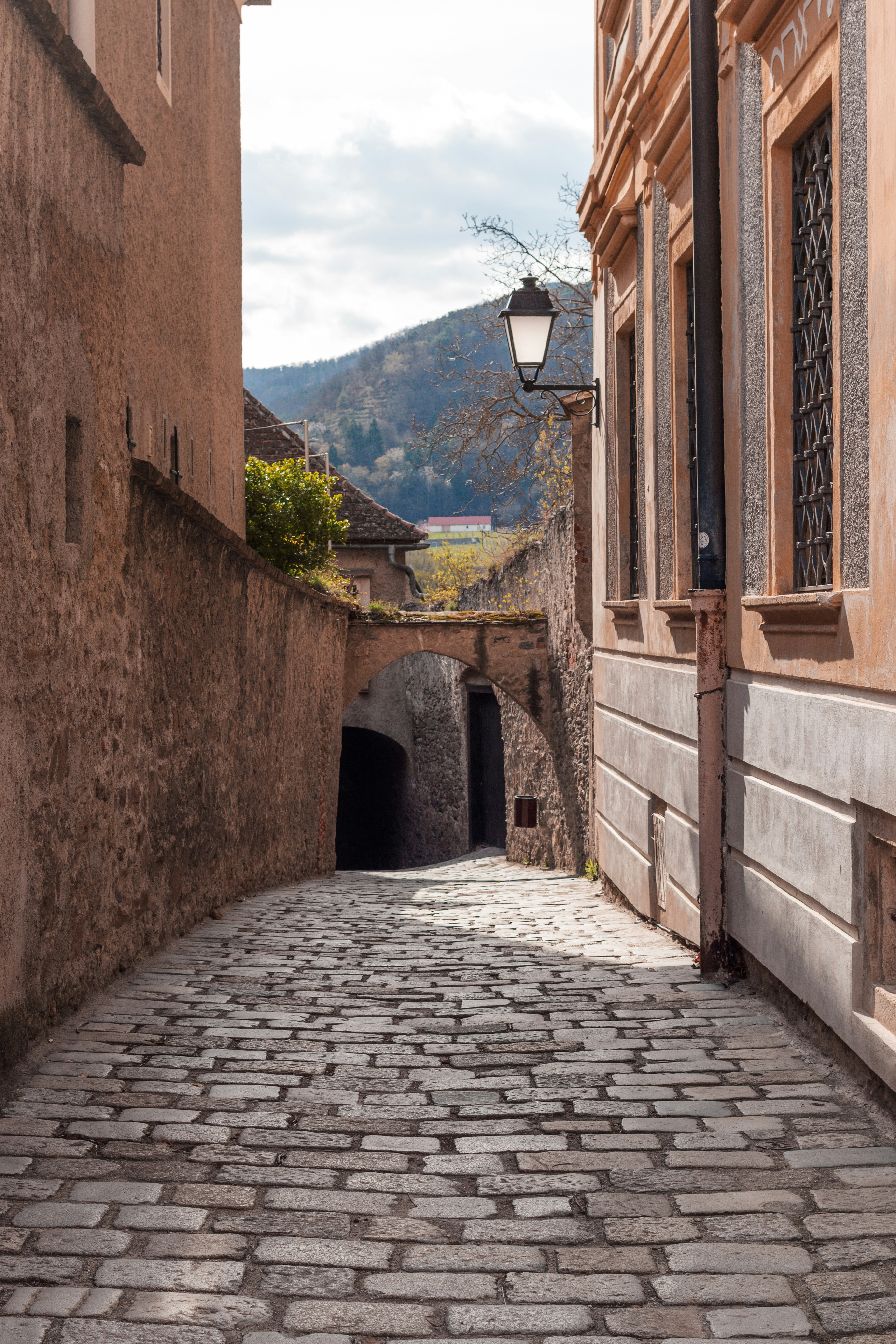 A cobblestone street with a lamp post in the middle photo – Free ...