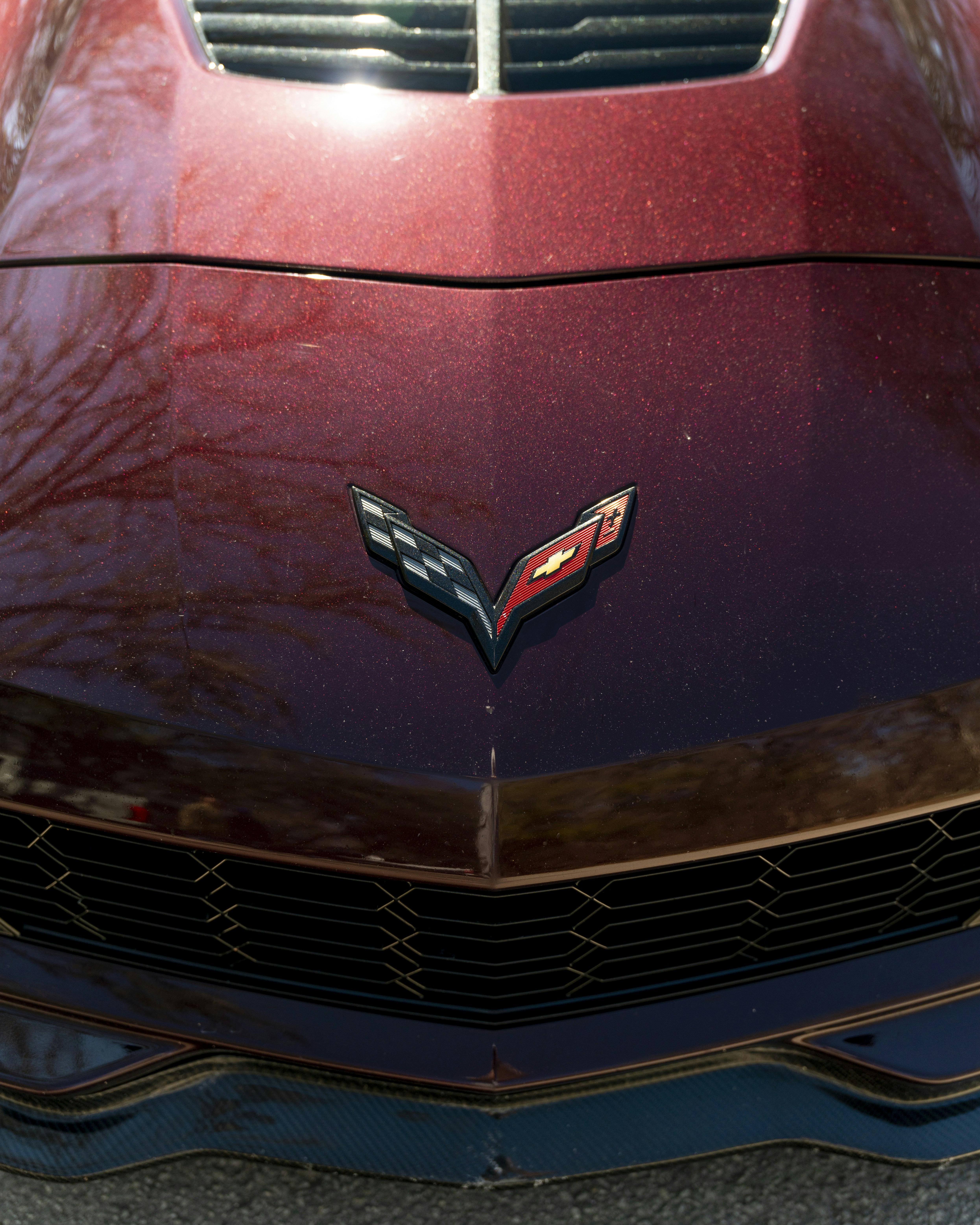Crimson Hood Crest: Corvette Emblem Framed by Sky and Tree Reflections