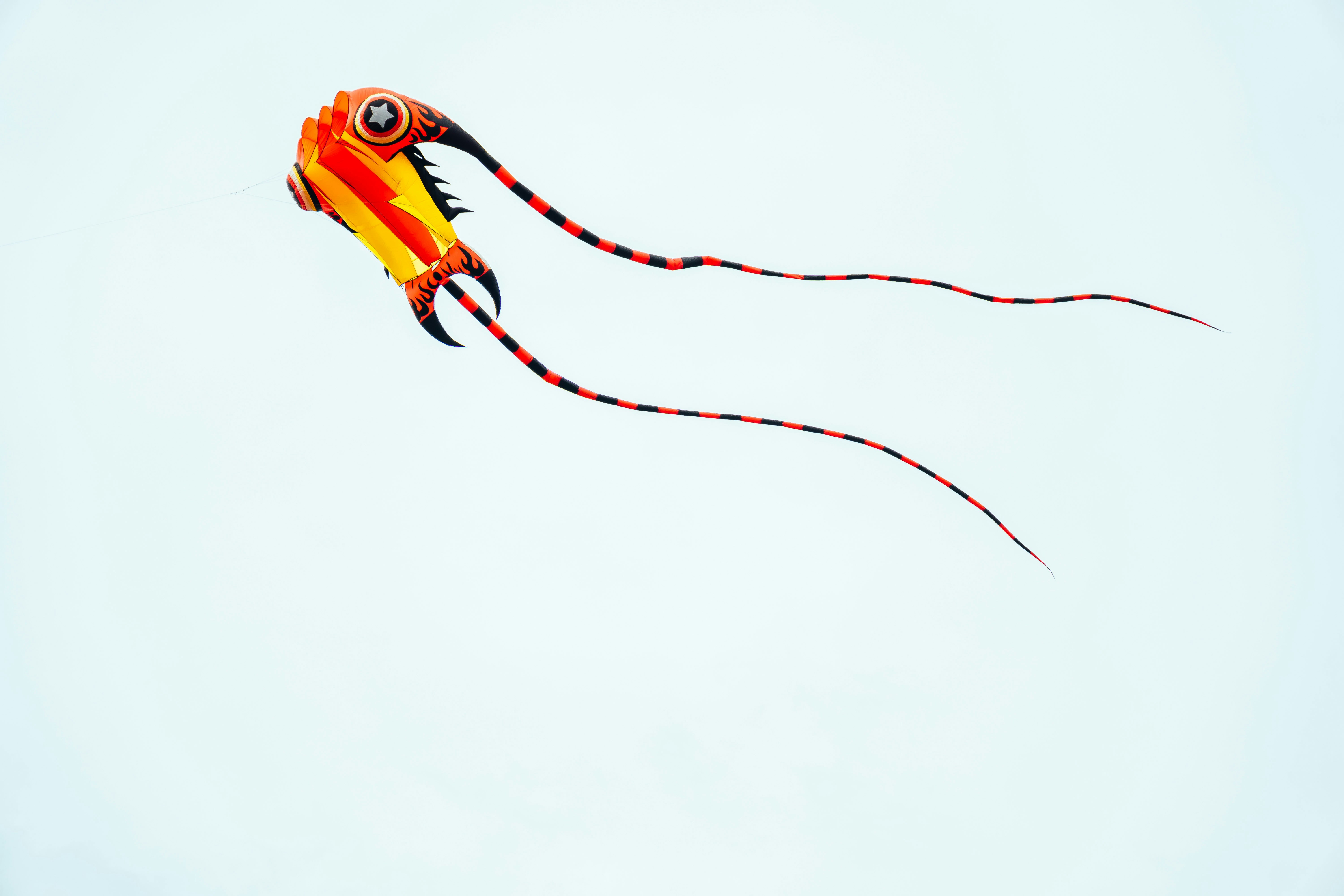 Draconic Kite in a Quiet Sky: Red-Orange Dragon with Long Stripes