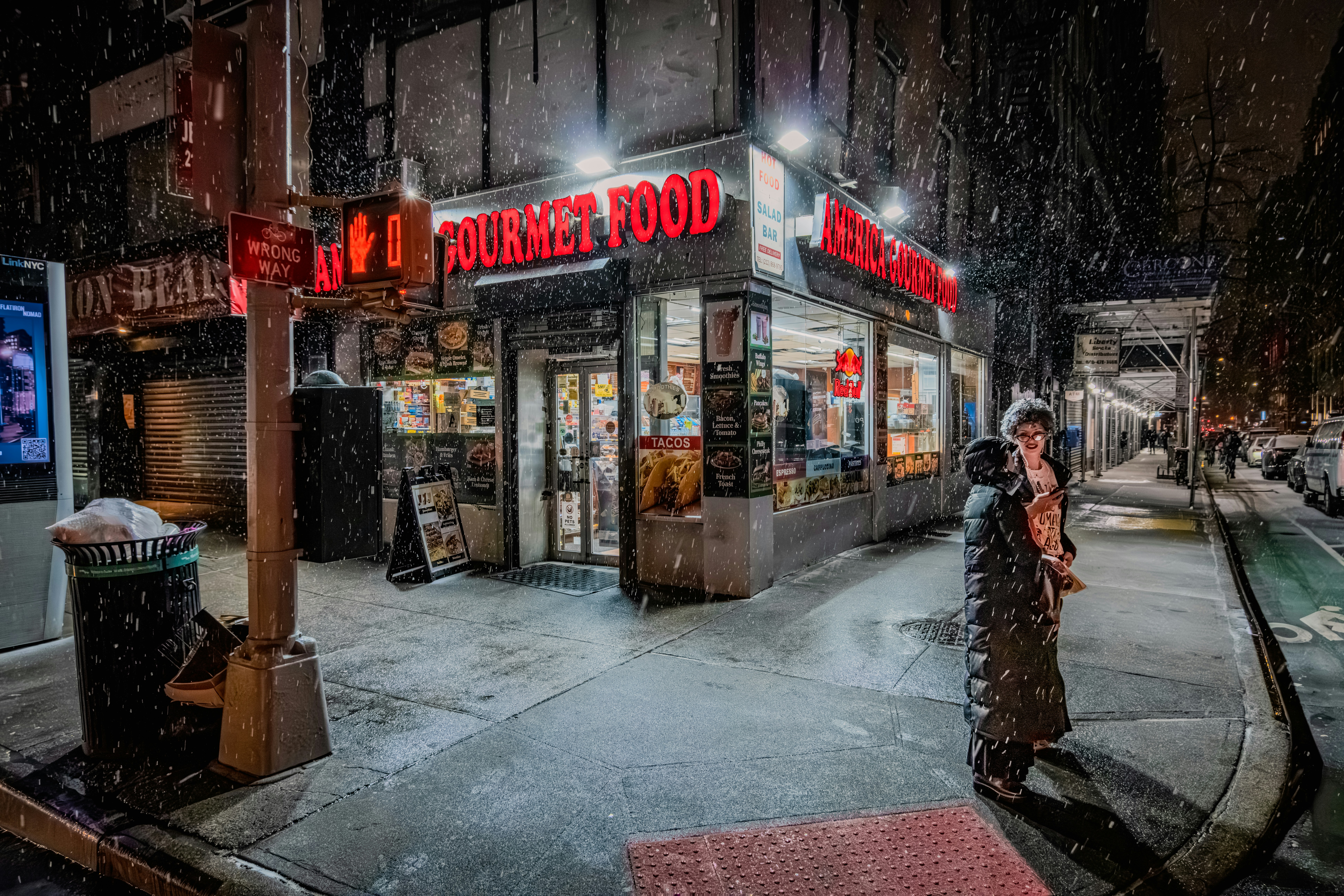 Snowy Neon Stop: Late-Night Corner Store Under White Veil